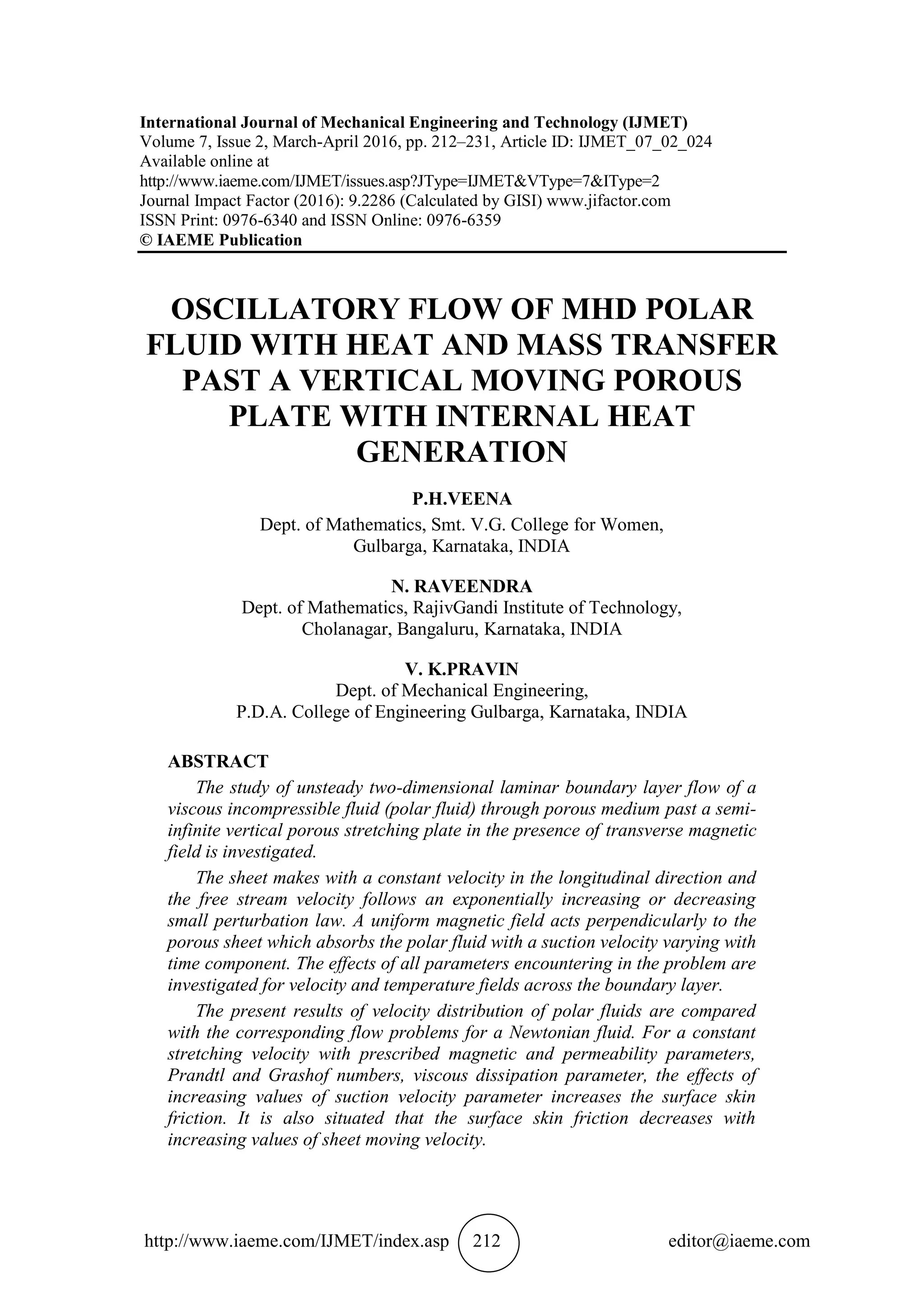 OSCILLATORY FLOW OF MHD POLAR FLUID WITH HEAT AND MASS TRANSFER PAST A VERTICAL MOVING POROUS ...