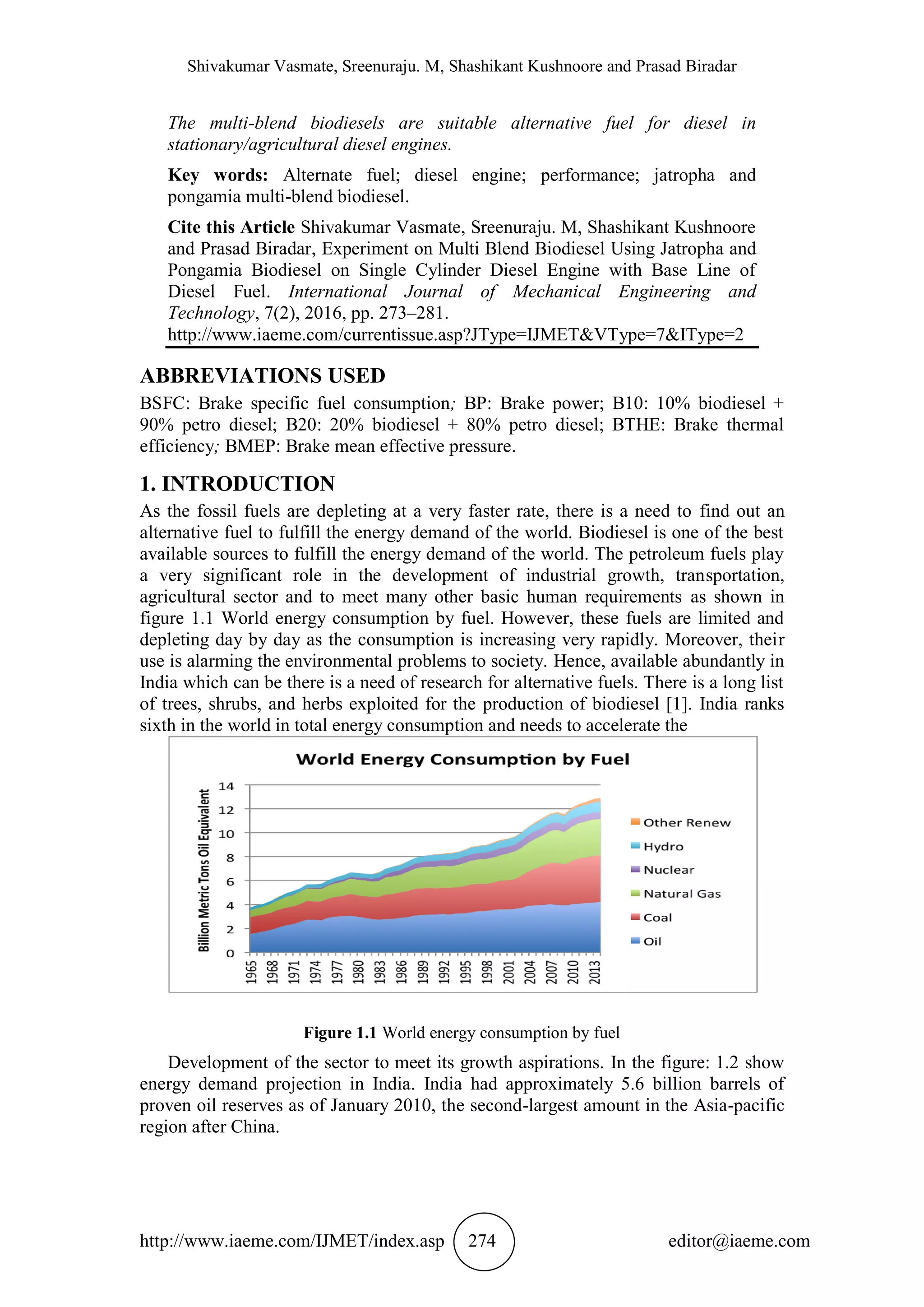 EXPERIMENT ON MULTI BLEND BIODIESEL USING JATROPHA AND PONGAMIA ...