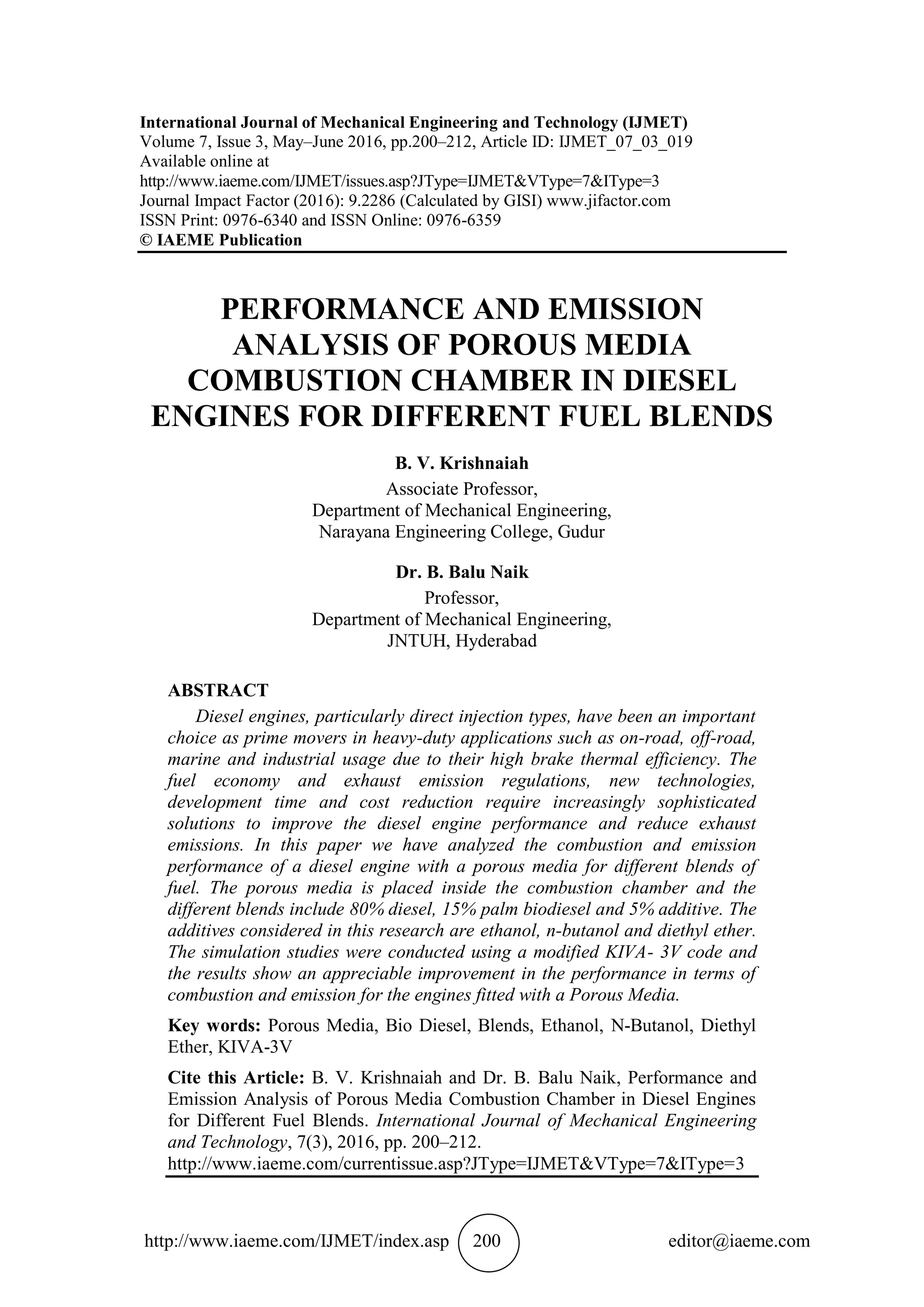PERFORMANCE AND EMISSION ANALYSIS OF POROUS MEDIA COMBUSTION CHAMBER IN ...