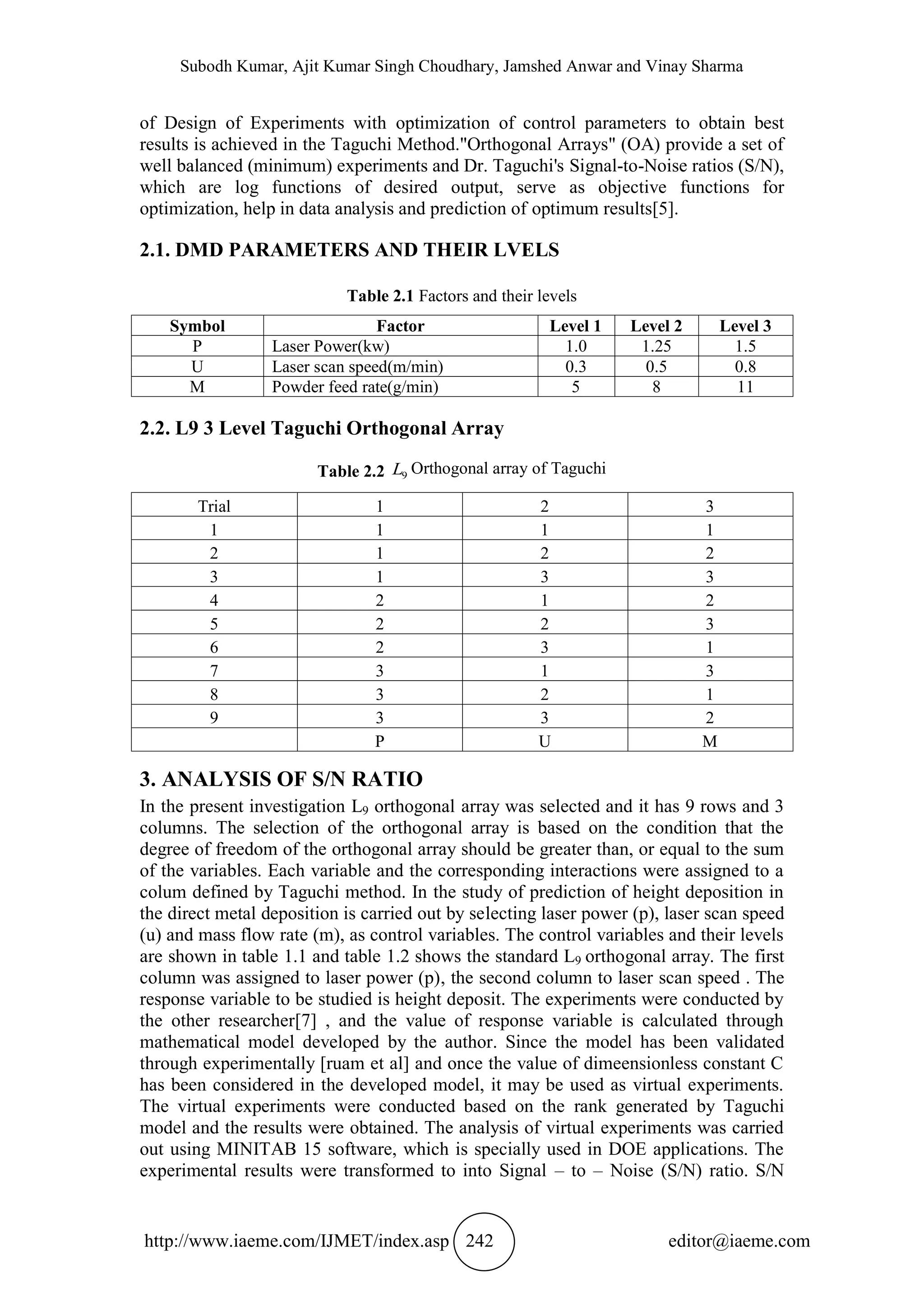OPTIMIZATION OF PROCESS PARAMETERS IN DIRECT METAL DEPOSITION TECHNIQUE USING TAGUCHI METHOD | PDF