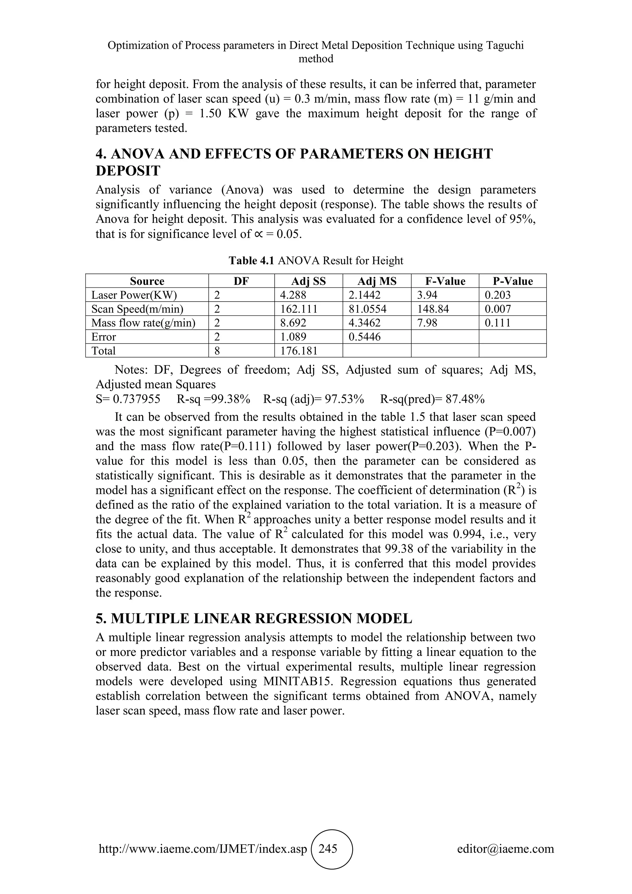 OPTIMIZATION OF PROCESS PARAMETERS IN DIRECT METAL DEPOSITION TECHNIQUE USING TAGUCHI METHOD | PDF
