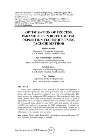 OPTIMIZATION OF PROCESS PARAMETERS IN DIRECT METAL DEPOSITION TECHNIQUE USING TAGUCHI METHOD ...