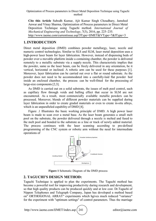 Optimization Of Process Parameters In Direct Metal Deposition Technique Using Taguchi Method