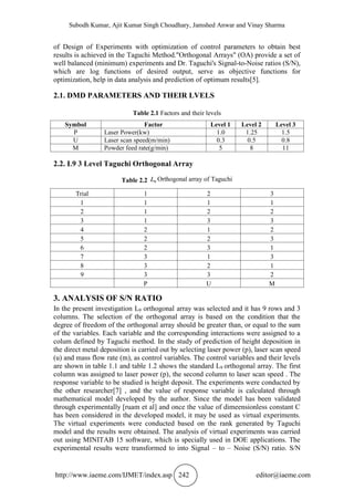 OPTIMIZATION OF PROCESS PARAMETERS IN DIRECT METAL DEPOSITION TECHNIQUE USING TAGUCHI METHOD | PDF