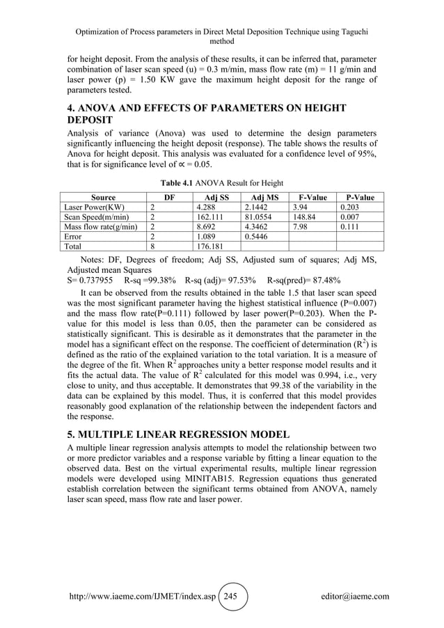 OPTIMIZATION OF PROCESS PARAMETERS IN DIRECT METAL DEPOSITION TECHNIQUE USING TAGUCHI METHOD ...