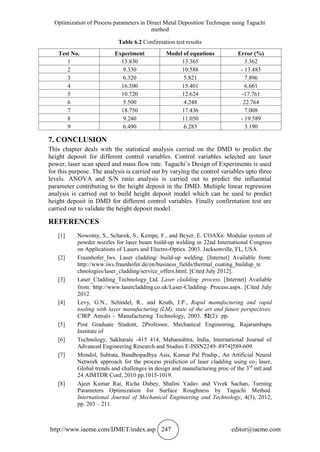 OPTIMIZATION OF PROCESS PARAMETERS IN DIRECT METAL DEPOSITION TECHNIQUE USING TAGUCHI METHOD | PDF