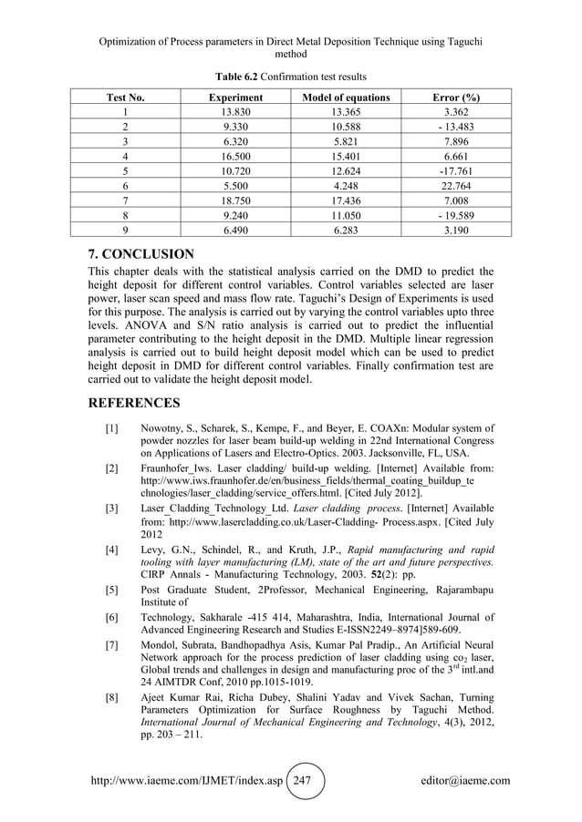 OPTIMIZATION OF PROCESS PARAMETERS IN DIRECT METAL DEPOSITION TECHNIQUE USING TAGUCHI METHOD ...