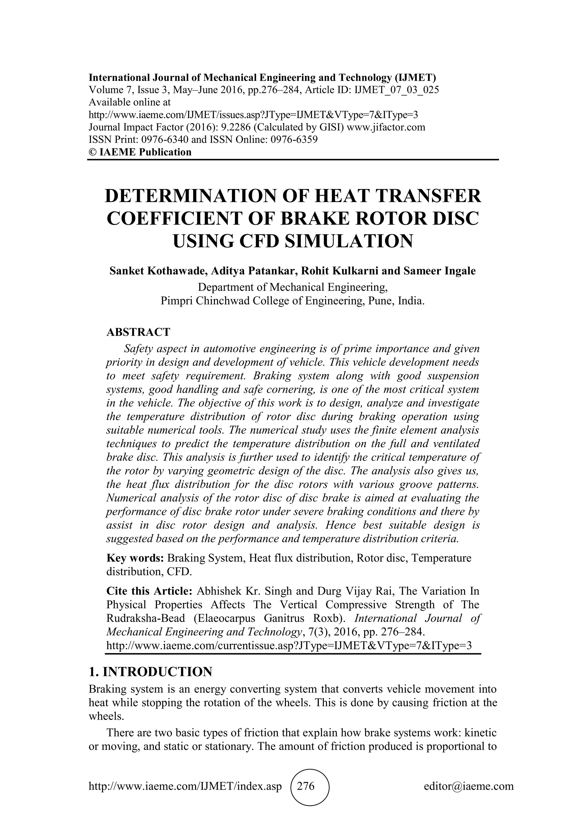 DETERMINATION OF HEAT TRANSFER COEFFICIENT OF BRAKE ROTOR DISC USING ...