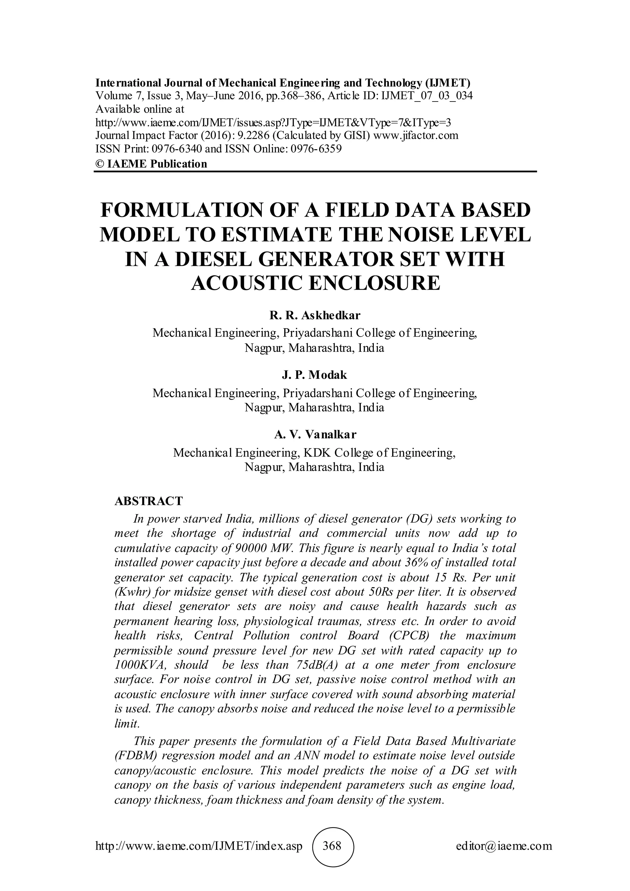 FORMULATION OF A FIELD DATA BASED MODEL TO ESTIMATE THE NOISE LEVEL IN A DIESEL GENERATOR SET ...