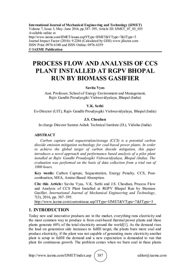 PROCESS FLOW AND ANALYSIS OF CCS PLANT INSTALLED AT RGPV BHOPAL RUN BY ...