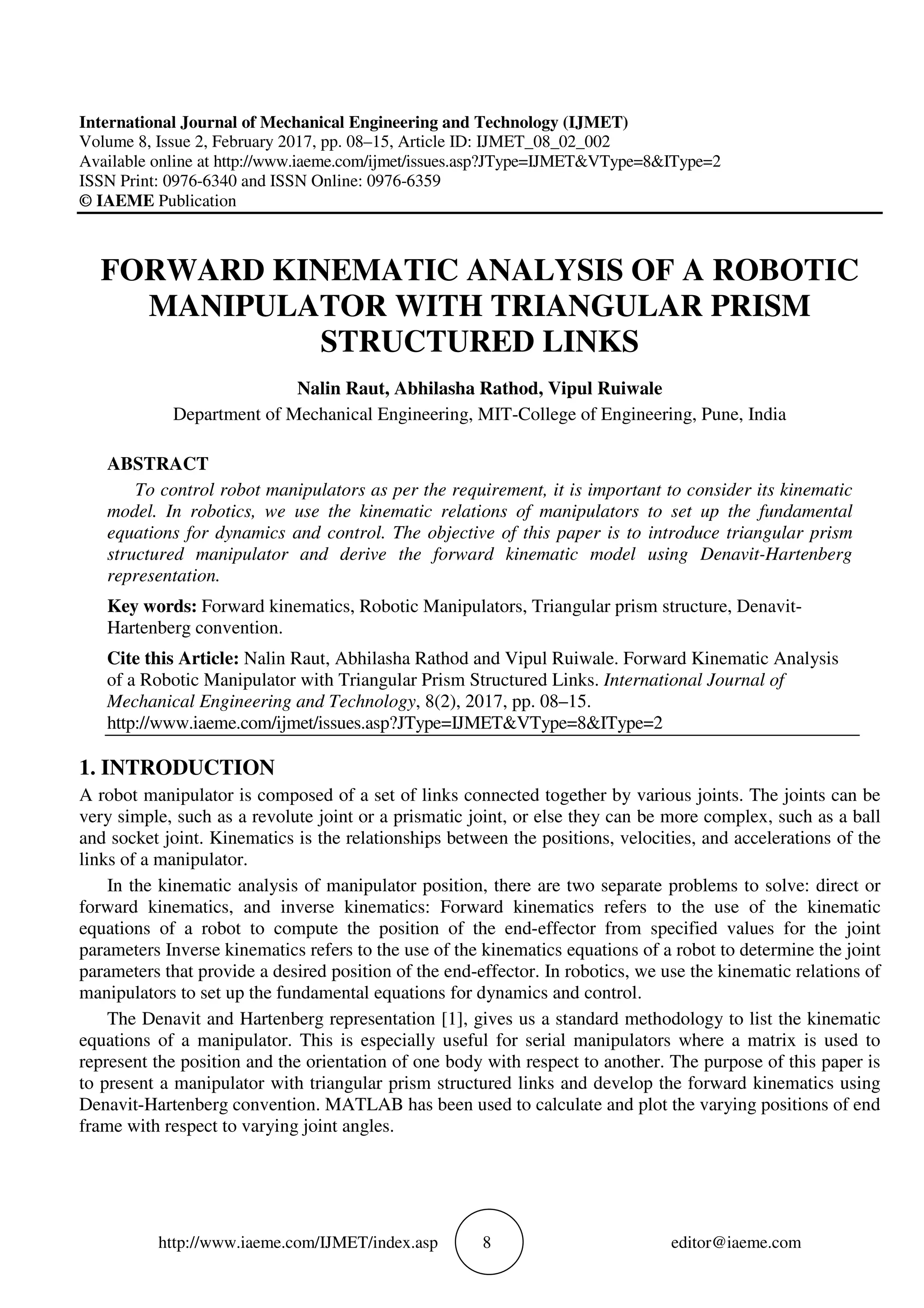 FORWARD KINEMATIC ANALYSIS OF A ROBOTIC MANIPULATOR WITH TRIANGULAR PRISM STRUCTURED LINKS | PDF