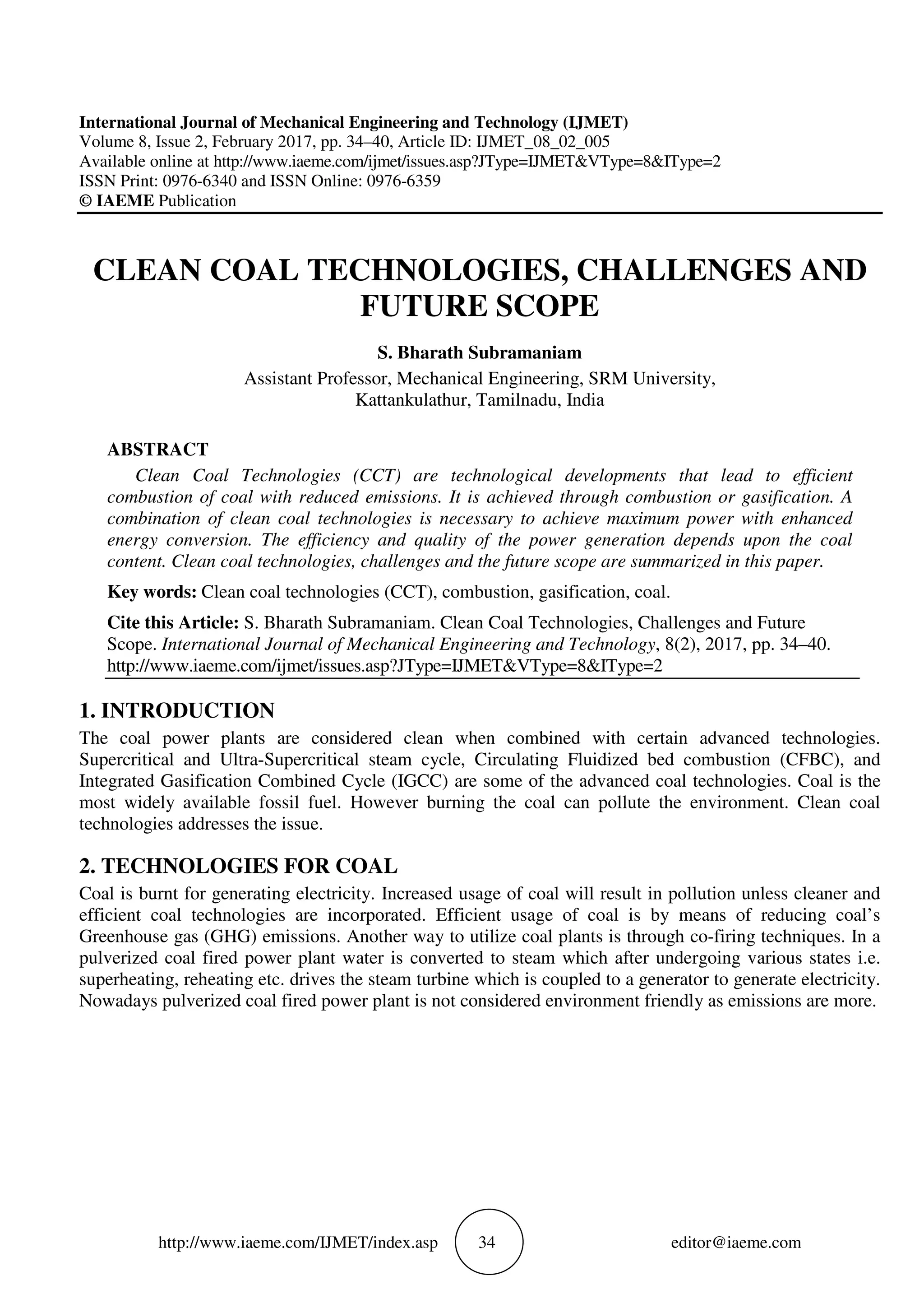 CLEAN COAL TECHNOLOGIES, CHALLENGES AND FUTURE SCOPE | PDF