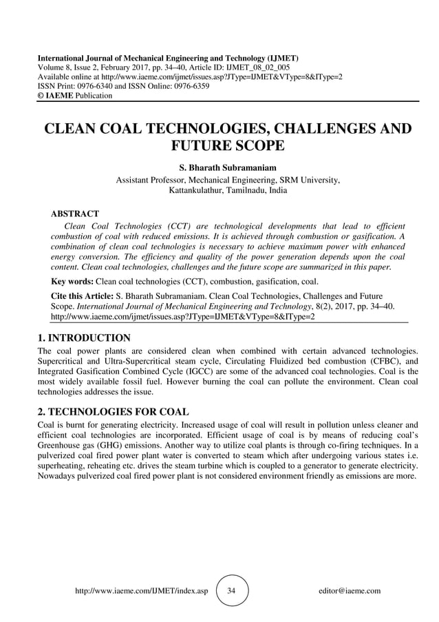 CLEAN COAL TECHNOLOGIES, CHALLENGES AND FUTURE SCOPE | PDF