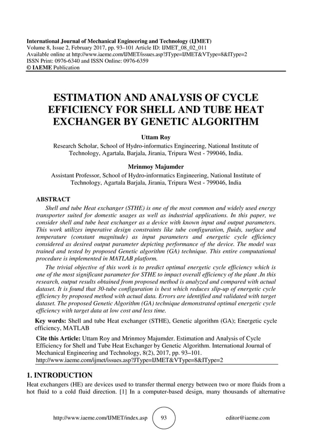 ESTIMATION AND ANALYSIS OF CYCLE EFFICIENCY FOR SHELL AND TUBE HEAT EXCHANGER BY GENETIC ...