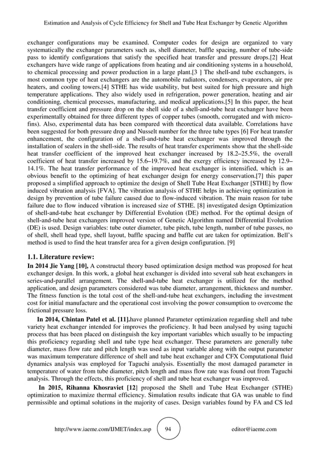 ESTIMATION AND ANALYSIS OF CYCLE EFFICIENCY FOR SHELL AND TUBE HEAT EXCHANGER BY GENETIC ...