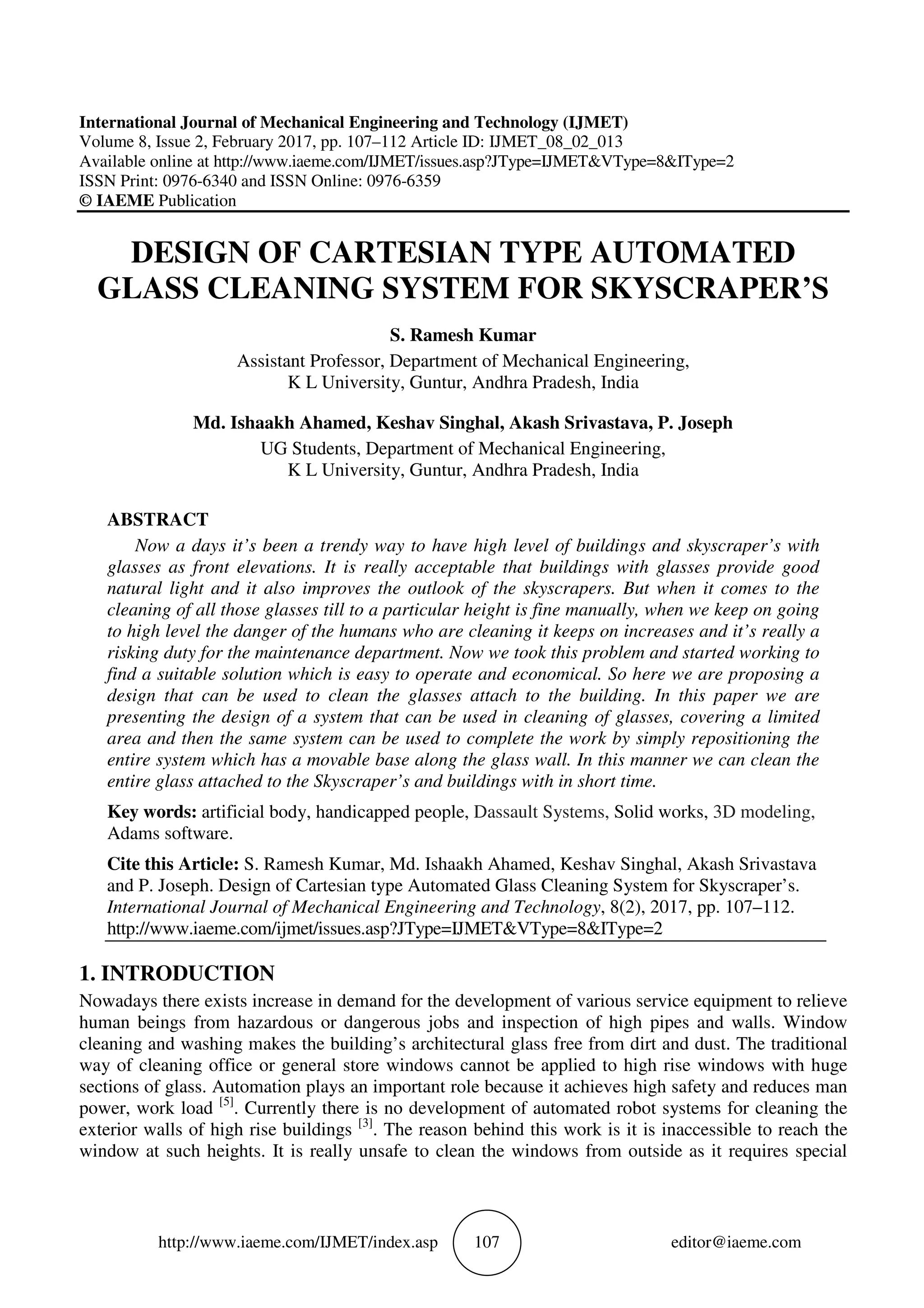 DESIGN OF CARTESIAN TYPE AUTOMATED GLASS CLEANING SYSTEM FOR SKYSCRAPER ...