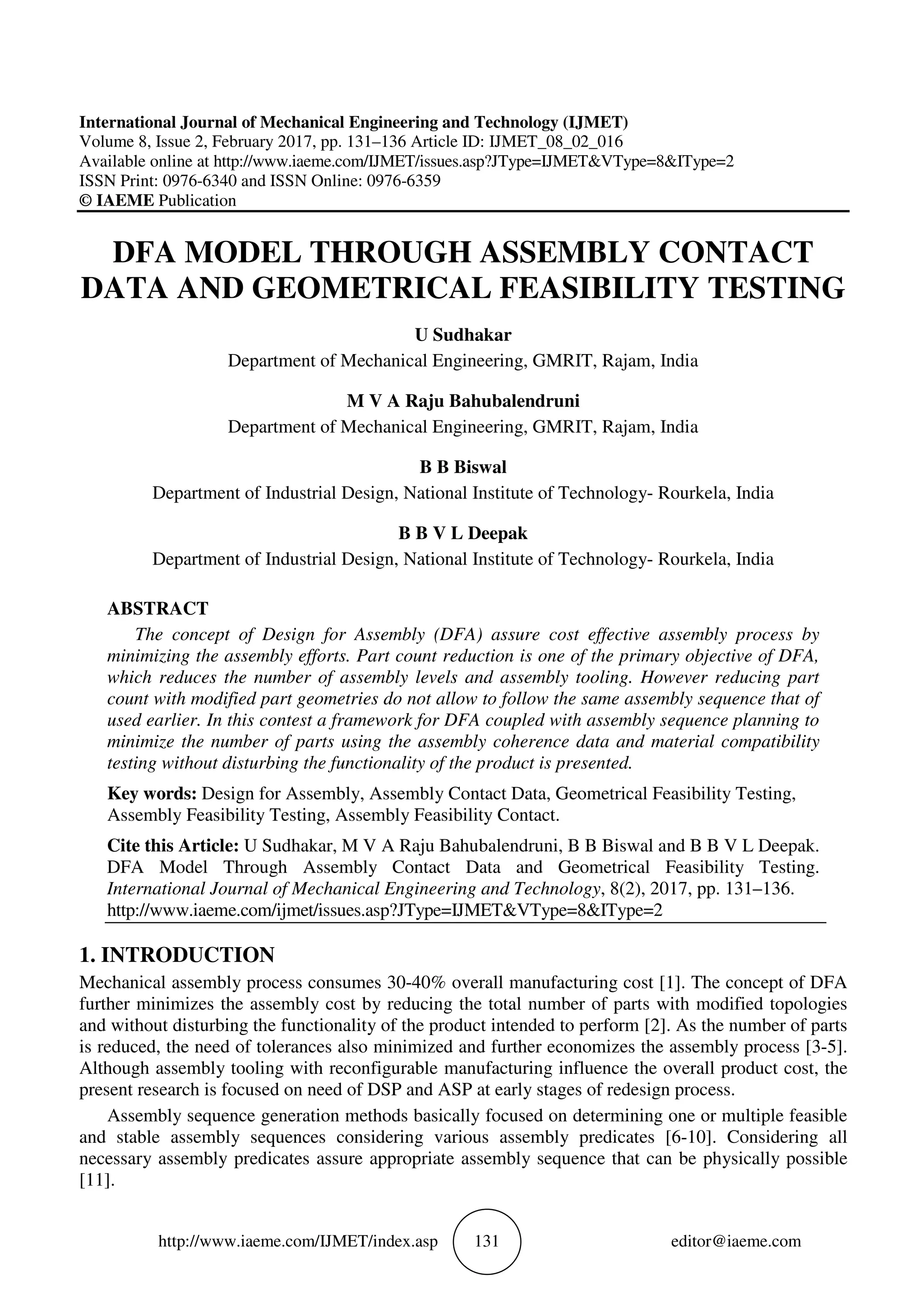 DFA MODEL THROUGH ASSEMBLY CONTACT DATA AND GEOMETRICAL FEASIBILITY ...