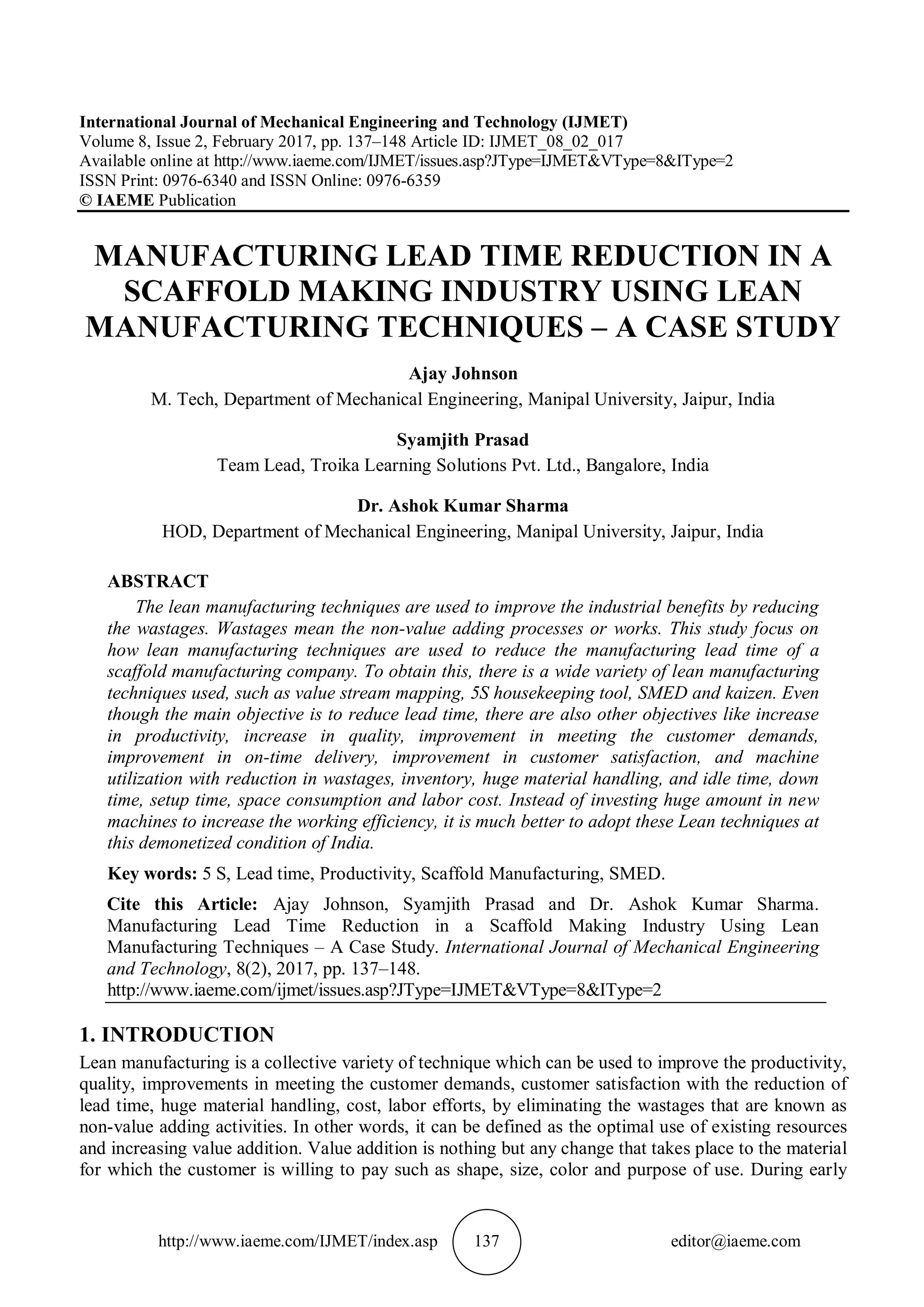 MANUFACTURING LEAD TIME REDUCTION IN A SCAFFOLD MAKING INDUSTRY USING LEAN MANUFACTURING ...