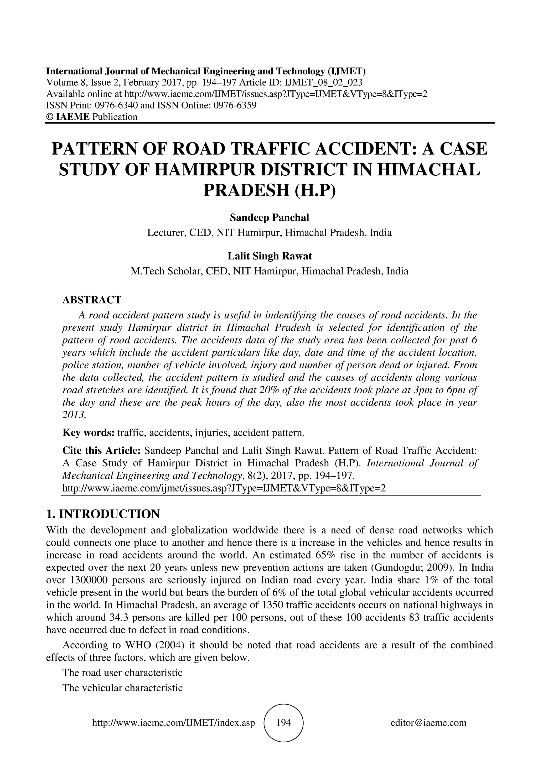 PATTERN OF ROAD TRAFFIC ACCIDENT: A CASE STUDY OF HAMIRPUR DISTRICT IN ...