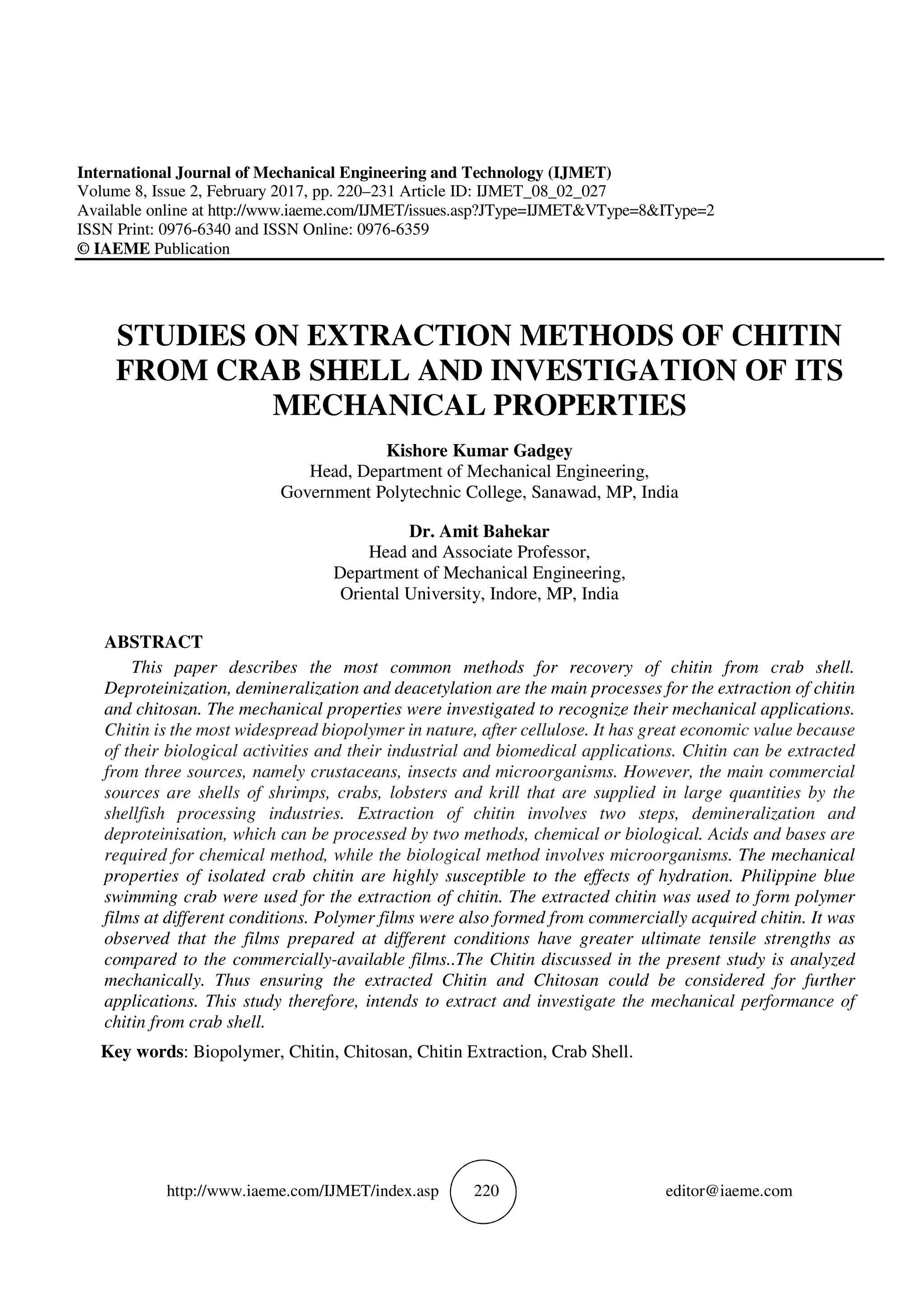 STUDIES ON EXTRACTION METHODS OF CHITIN FROM CRAB SHELL AND ...