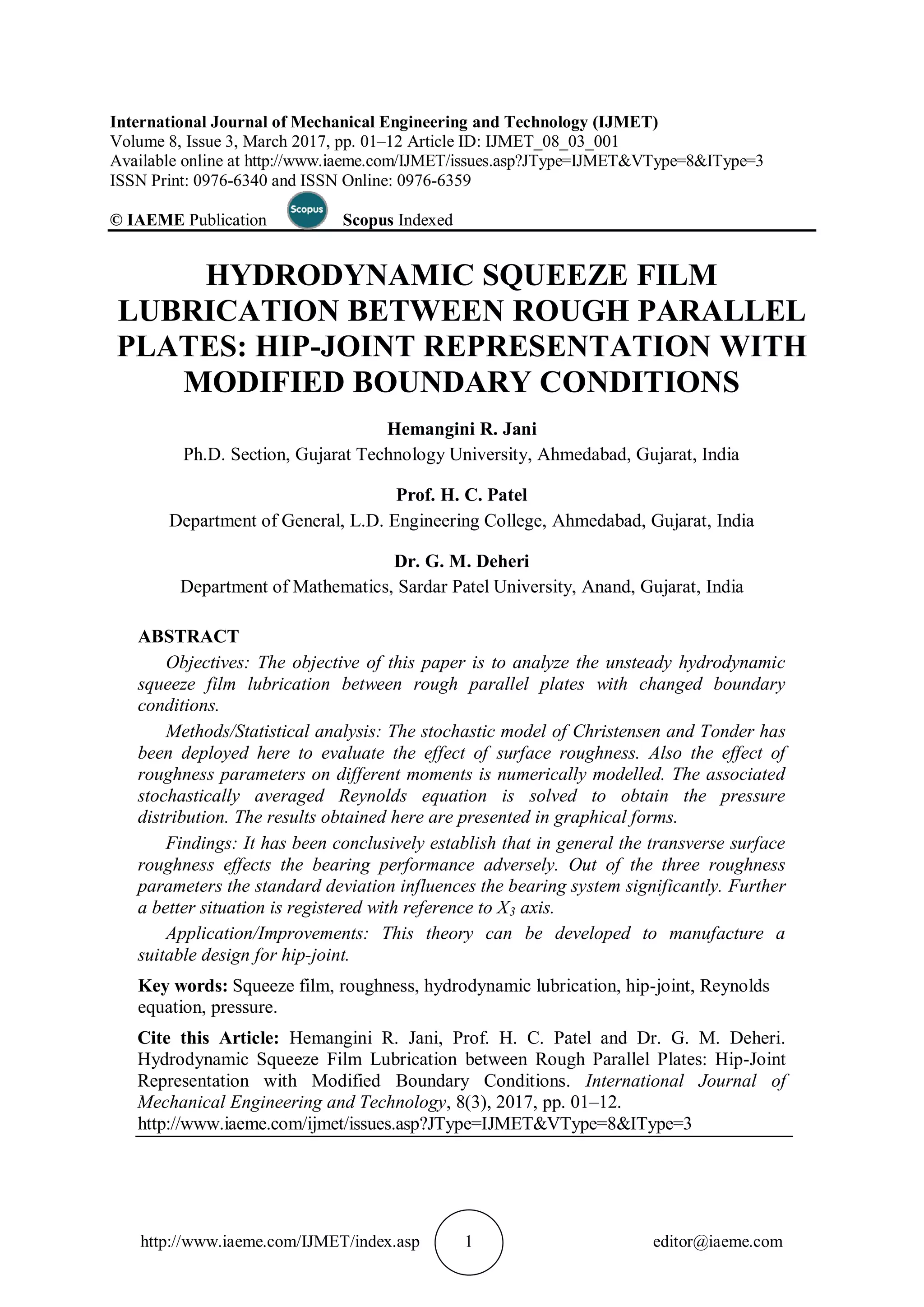 HYDRODYNAMIC SQUEEZE FILM LUBRICATION BETWEEN ROUGH PARALLEL PLATES ...