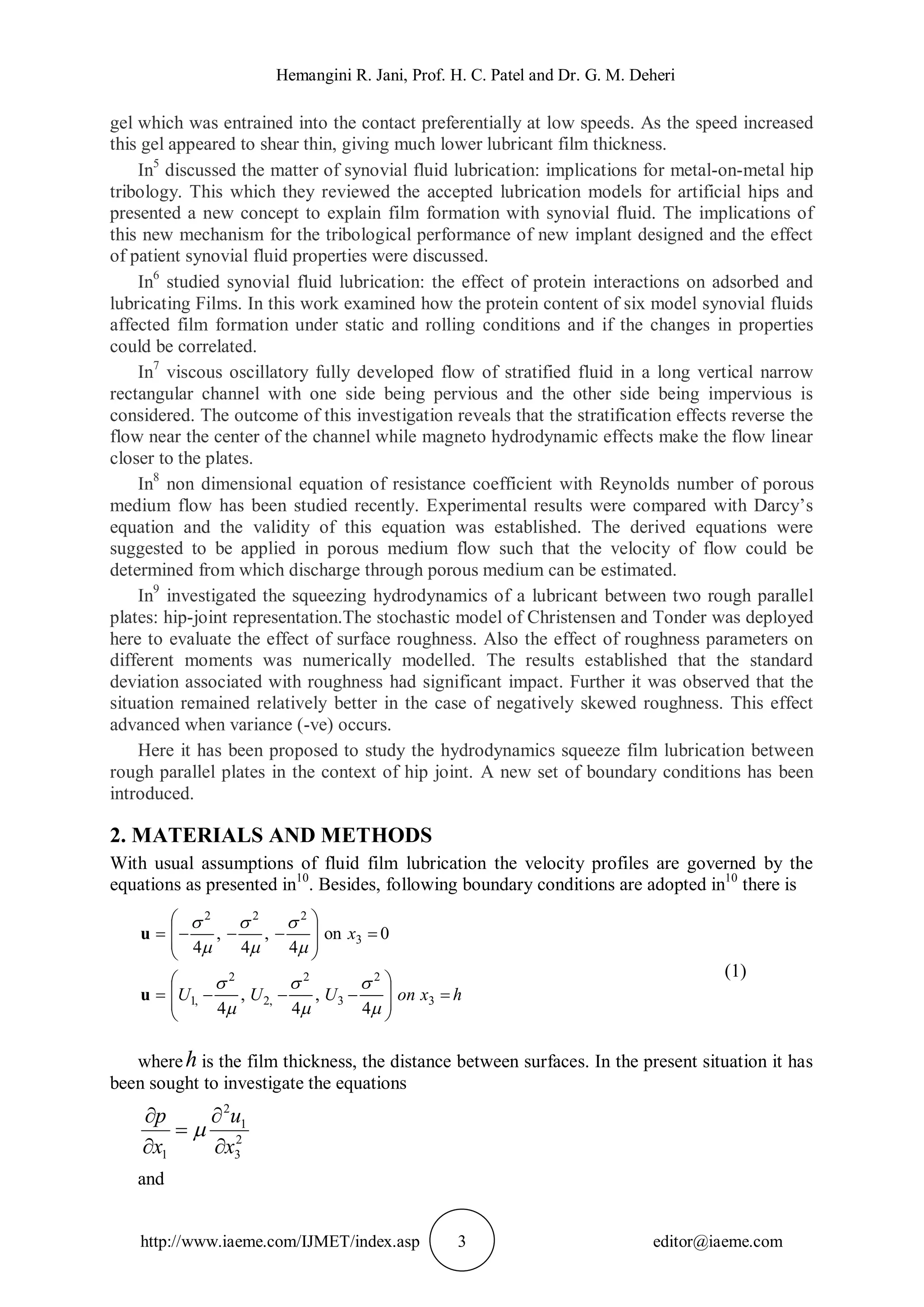 HYDRODYNAMIC SQUEEZE FILM LUBRICATION BETWEEN ROUGH PARALLEL PLATES ...
