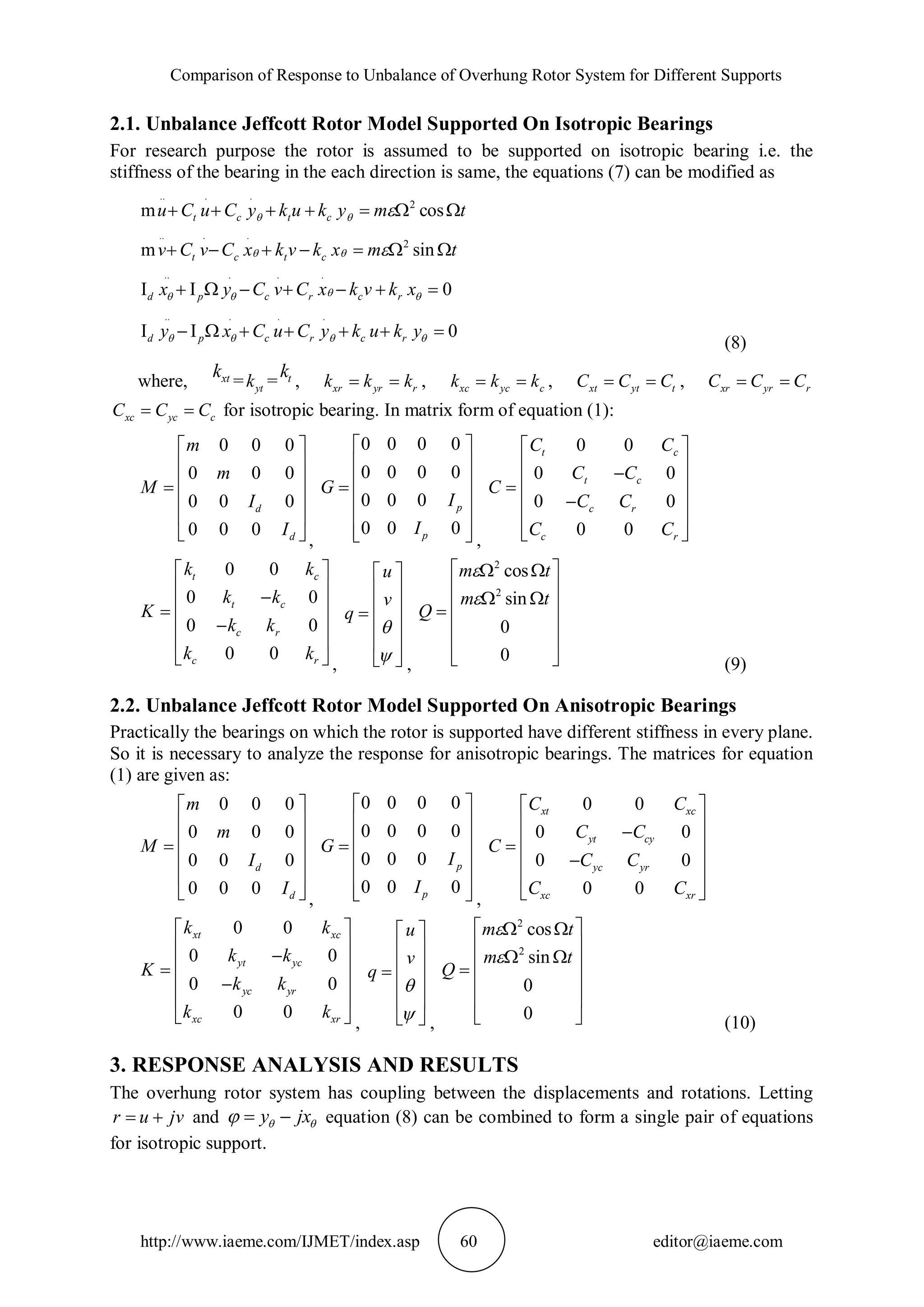COMPARISON OF RESPONSE TO UNBALANCE OF OVERHUNG ROTOR SYSTEM FOR ...