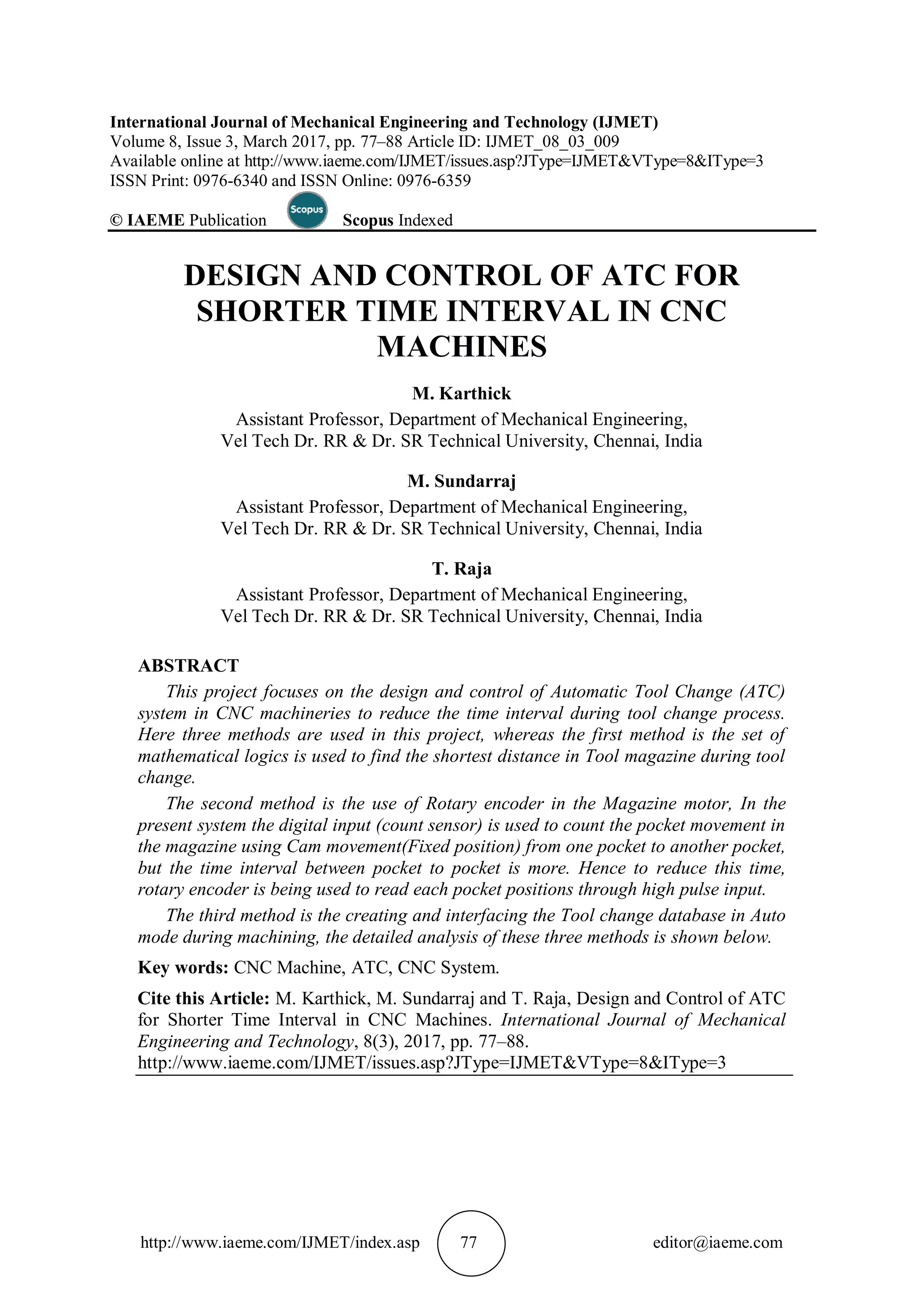 DESIGN AND CONTROL OF ATC FOR SHORTER TIME INTERVAL IN CNC MACHINES | PDF