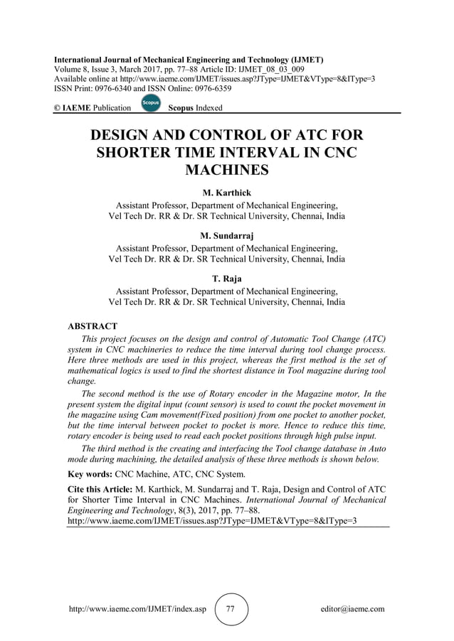 DESIGN AND CONTROL OF ATC FOR SHORTER TIME INTERVAL IN CNC MACHINES | PDF
