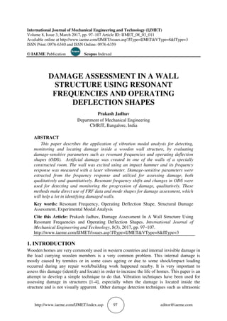DAMAGE ASSESSMENT IN A WALL STRUCTURE USING RESONANT FREQUENCIES AND OPERATING DEFLECTION SHAPES ...