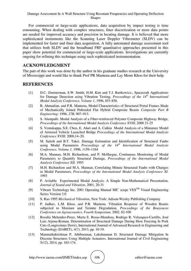 DAMAGE ASSESSMENT IN A WALL STRUCTURE USING RESONANT FREQUENCIES AND OPERATING DEFLECTION SHAPES ...