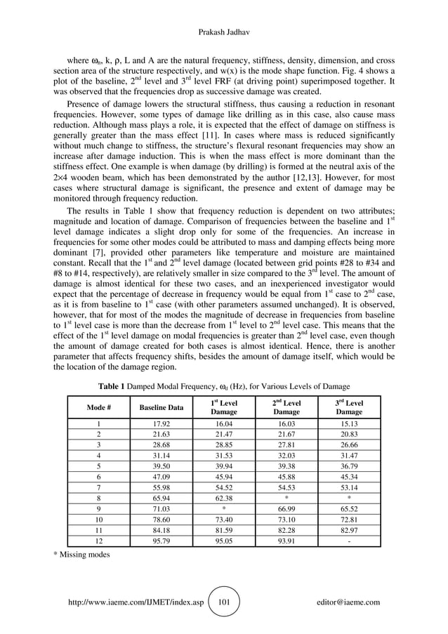 DAMAGE ASSESSMENT IN A WALL STRUCTURE USING RESONANT FREQUENCIES AND OPERATING DEFLECTION SHAPES ...