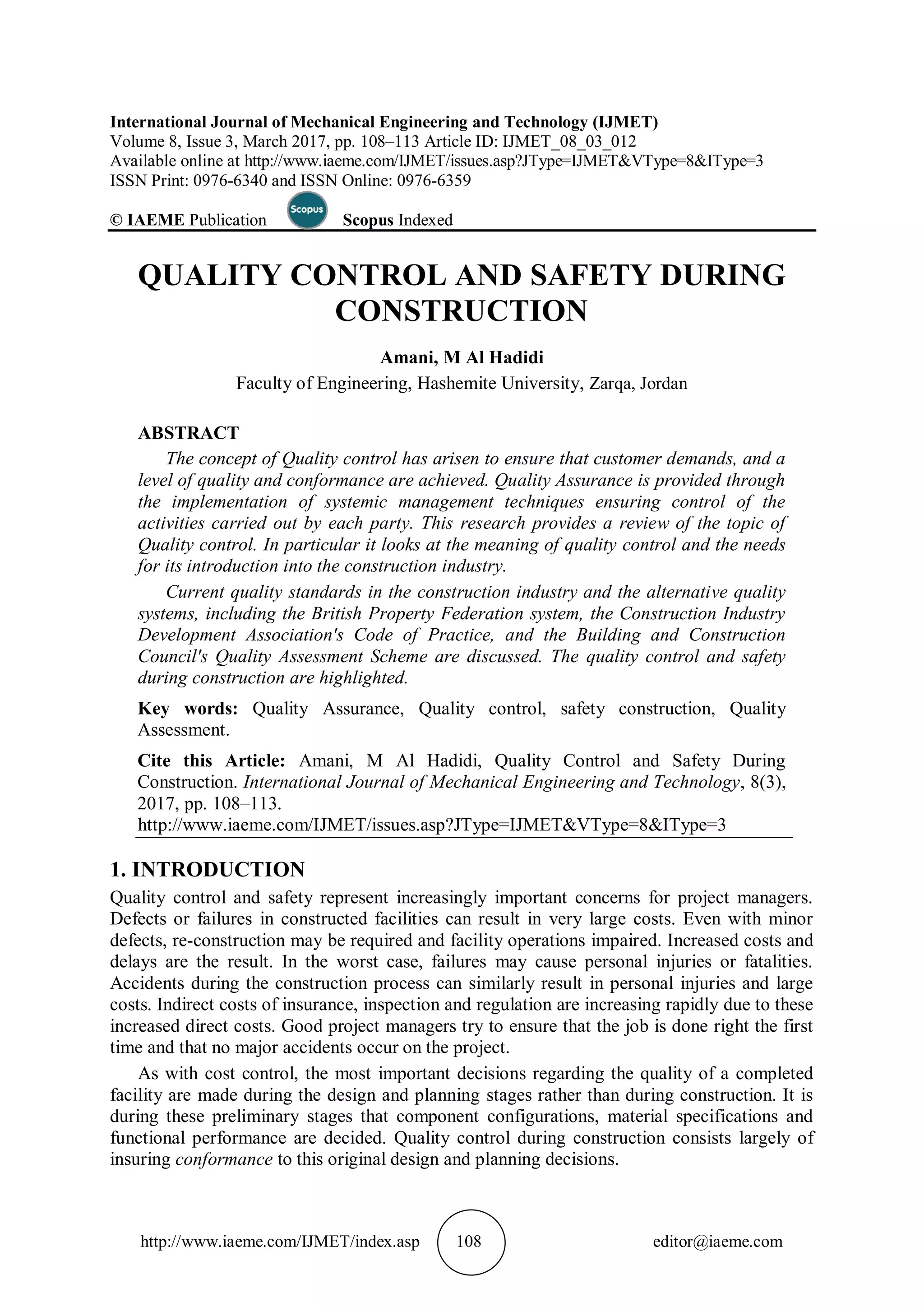 QUALITY CONTROL AND SAFETY DURING CONSTRUCTIONIjmet 08 03_012 | PDF