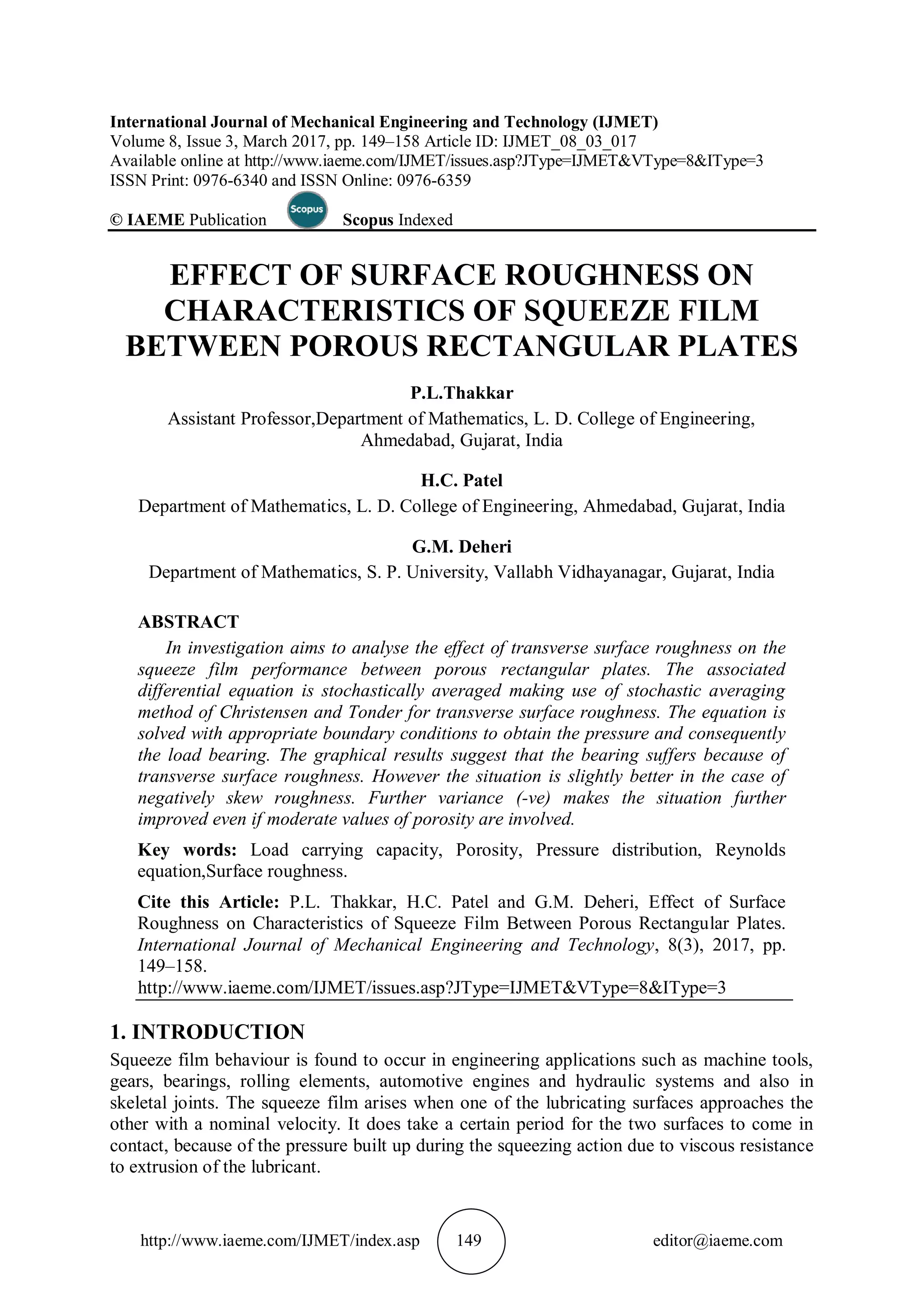 EFFECT OF SURFACE ROUGHNESS ON CHARACTERISTICS OF SQUEEZE FILM BETWEEN ...