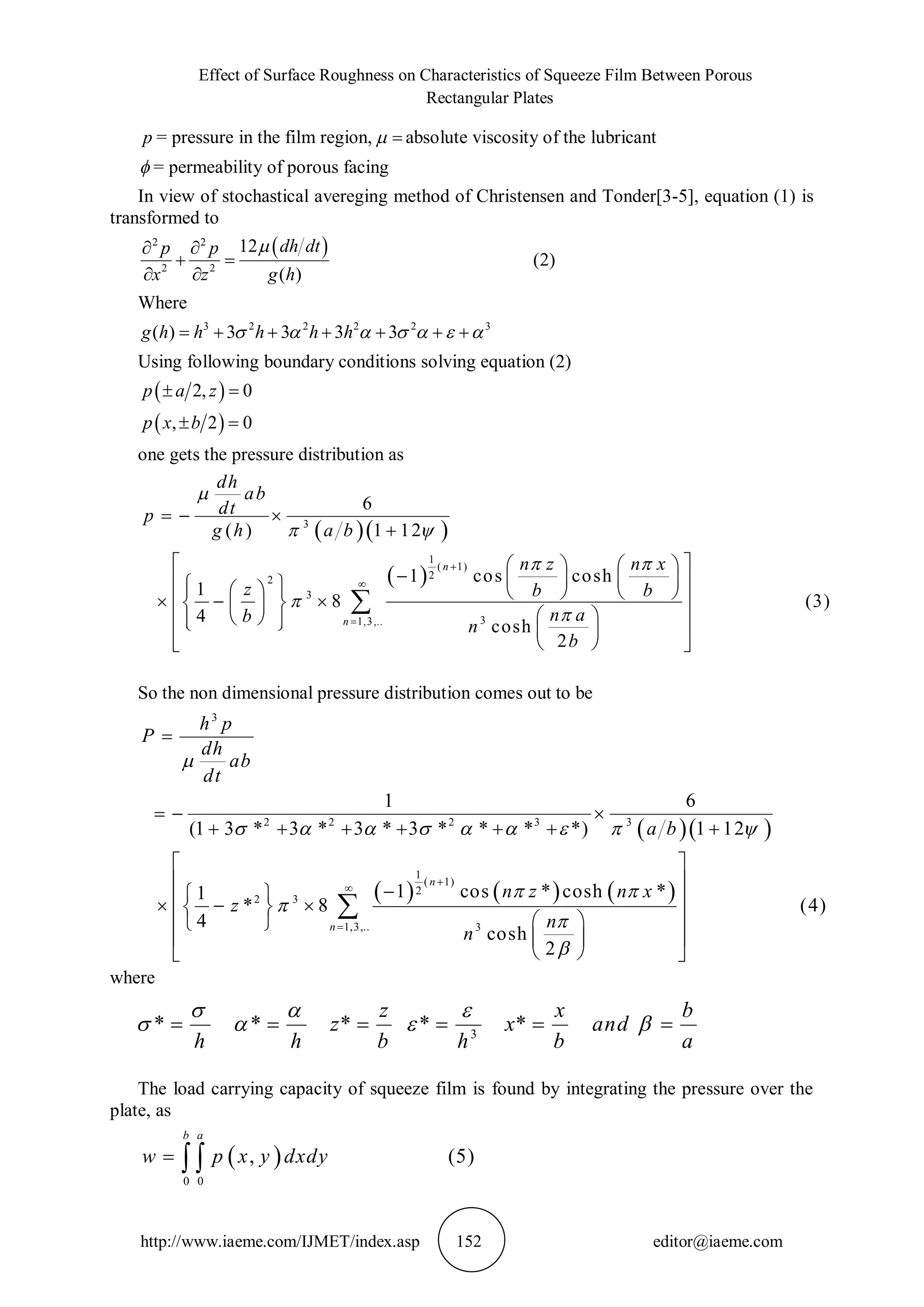 EFFECT OF SURFACE ROUGHNESS ON CHARACTERISTICS OF SQUEEZE FILM BETWEEN ...