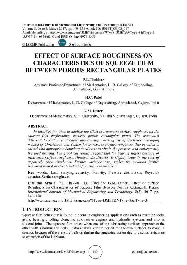 EFFECT OF SURFACE ROUGHNESS ON CHARACTERISTICS OF SQUEEZE FILM BETWEEN ...
