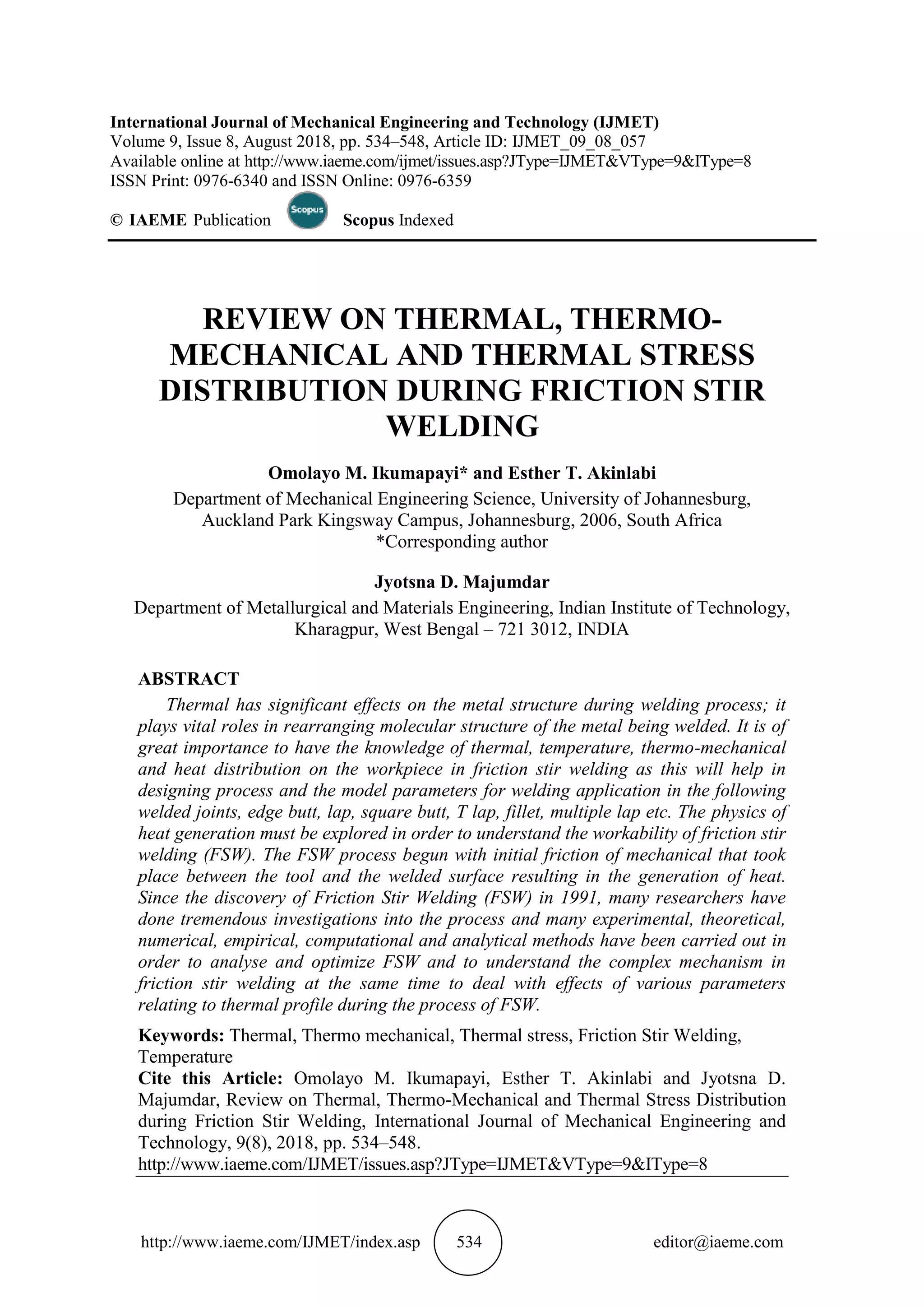REVIEW ON THERMAL, THERMO-MECHANICAL AND THERMAL STRESS DISTRIBUTION DURING FRICTION STIR ...