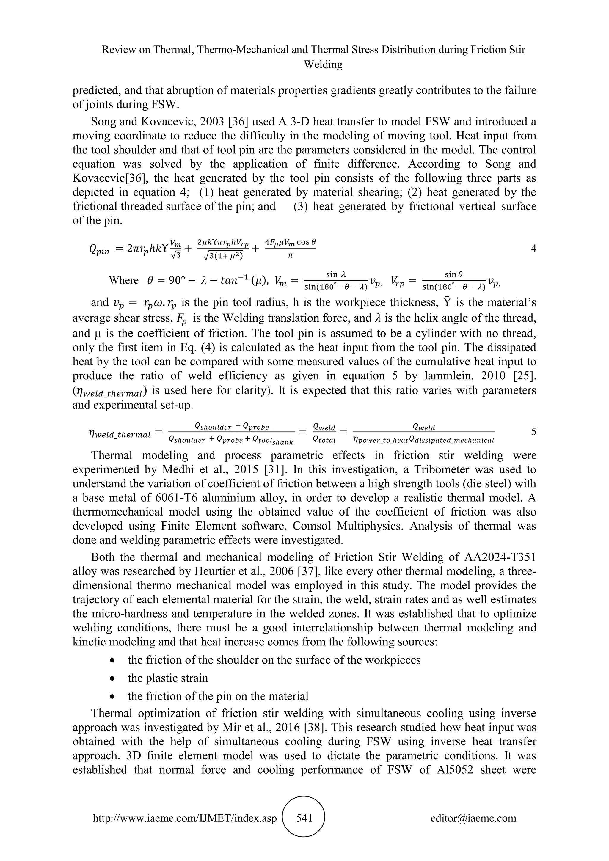 REVIEW ON THERMAL, THERMO-MECHANICAL AND THERMAL STRESS DISTRIBUTION DURING FRICTION STIR ...