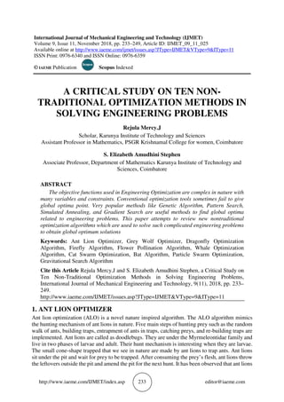 A CRITICAL STUDY ON TEN NONTRADITIONAL OPTIMIZATION METHODS IN SOLVING ENGINEERING PROBLEMS | PDF
