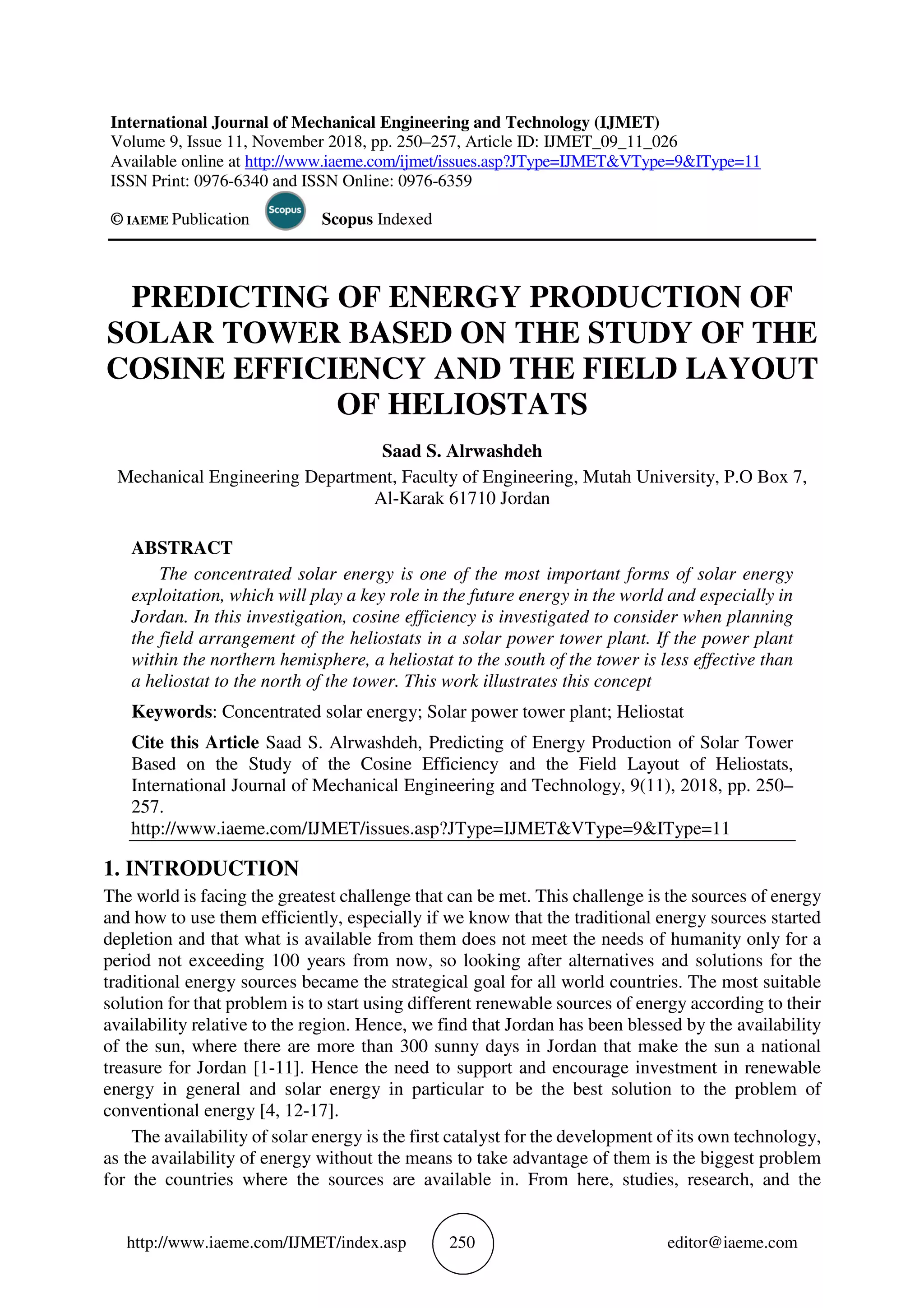 PREDICTING OF ENERGY PRODUCTION OF SOLAR TOWER BASED ON THE STUDY OF THE COSINE EFFICIENCY AND ...