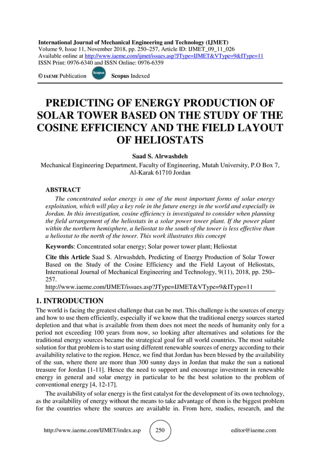 PREDICTING OF ENERGY PRODUCTION OF SOLAR TOWER BASED ON THE STUDY OF THE COSINE EFFICIENCY AND ...