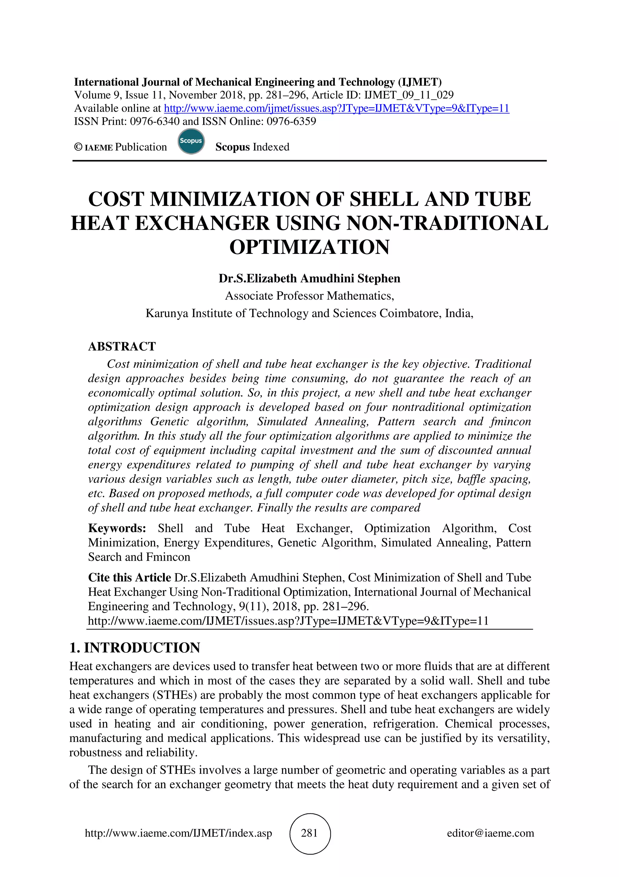 COST MINIMIZATION OF SHELL AND TUBE HEAT EXCHANGER USING NON-TRADITIONAL OPTIMIZATION | PDF