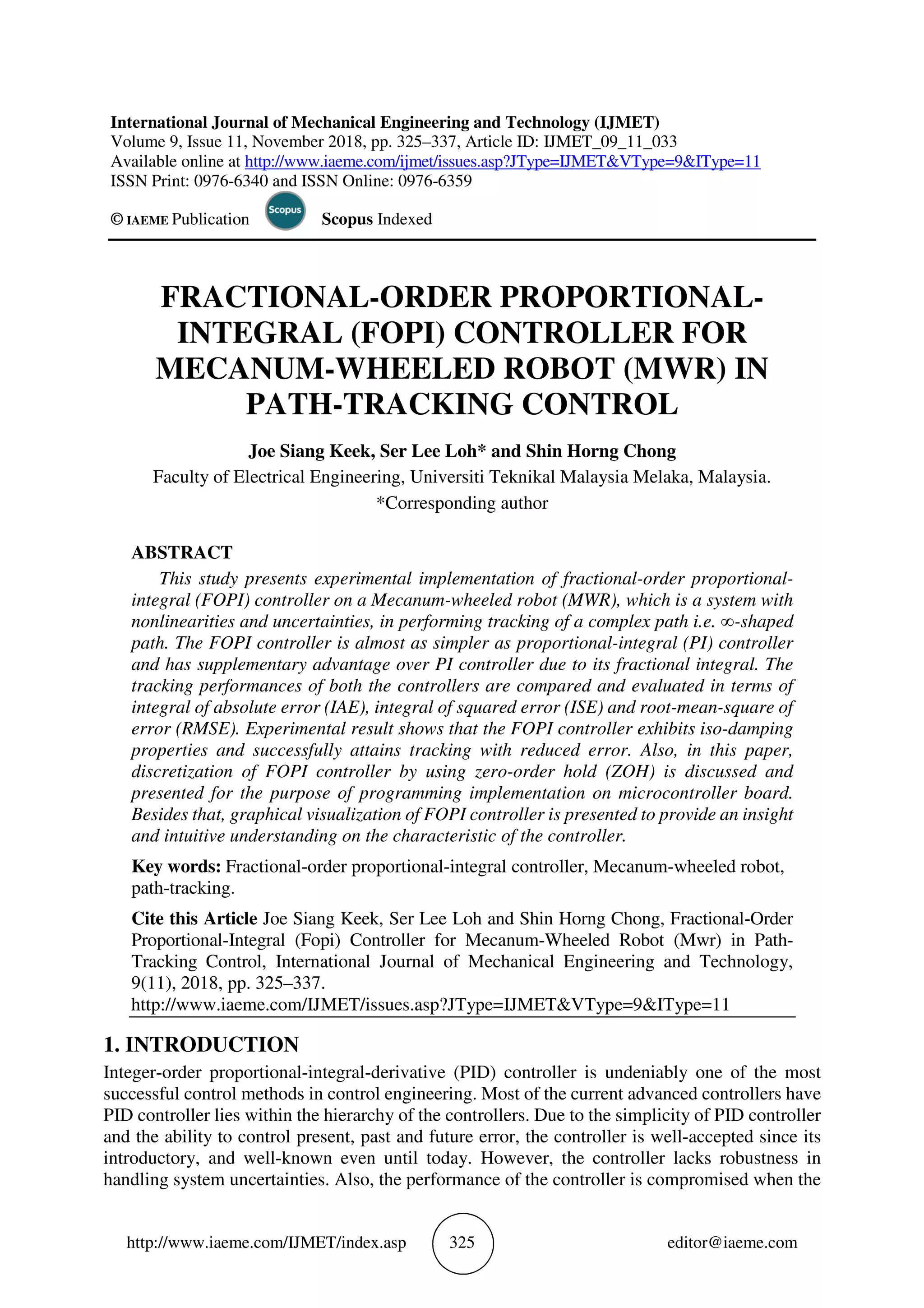 FRACTIONAL-ORDER PROPORTIONALINTEGRAL (FOPI) CONTROLLER FOR MECANUM-WHEELED ROBOT (MWR) IN PATH ...