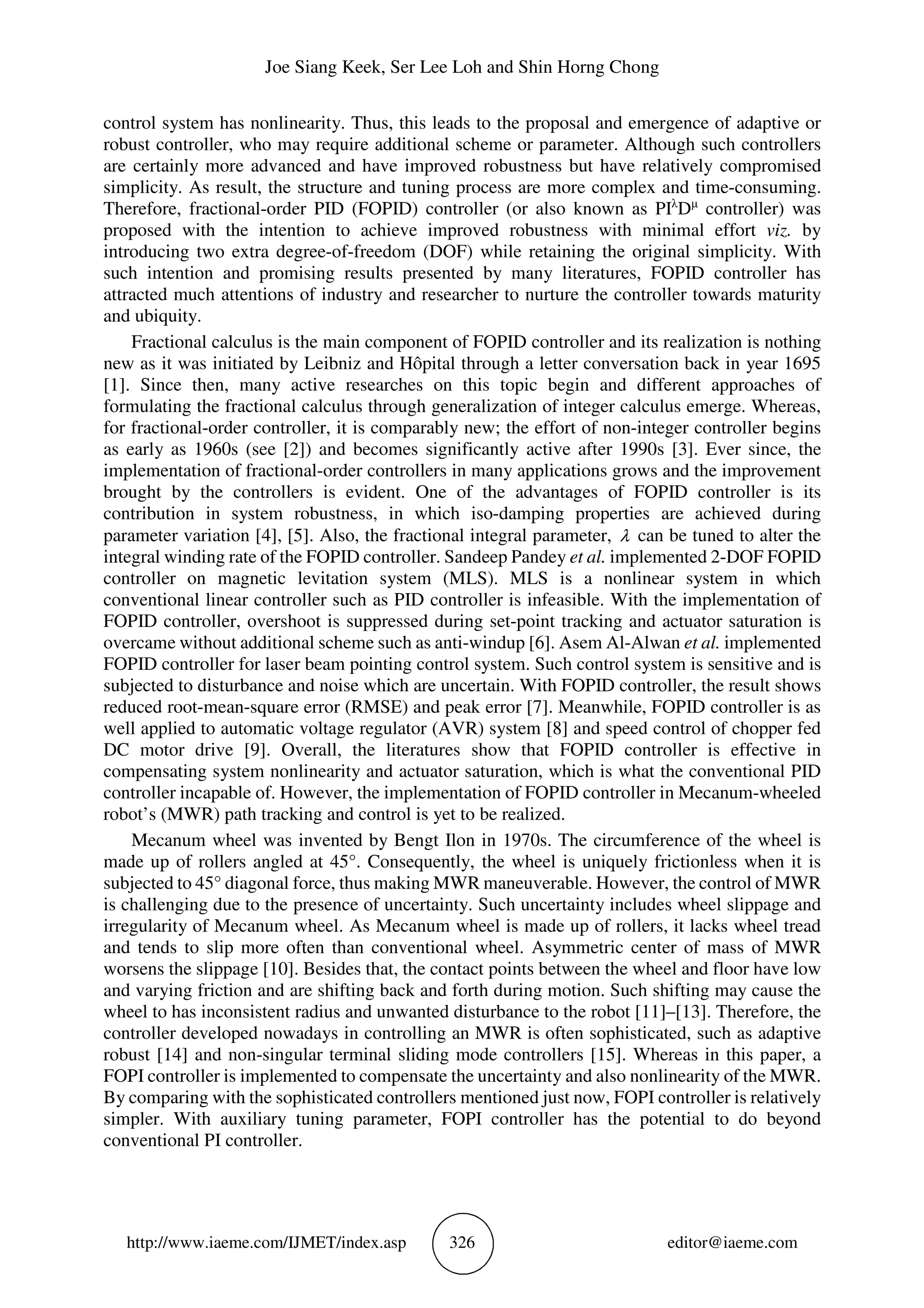 FRACTIONAL-ORDER PROPORTIONALINTEGRAL (FOPI) CONTROLLER FOR MECANUM ...