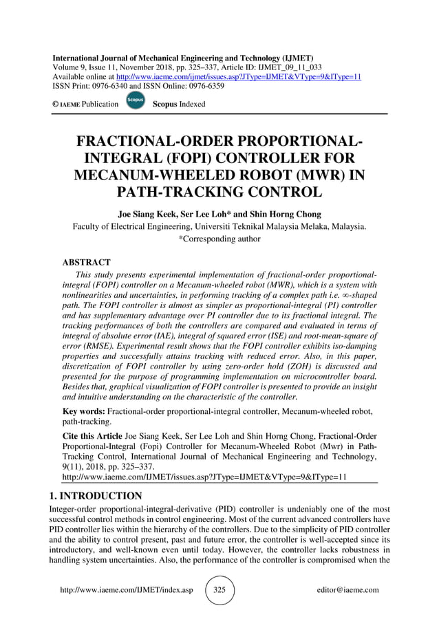 FRACTIONAL-ORDER PROPORTIONALINTEGRAL (FOPI) CONTROLLER FOR MECANUM-WHEELED ROBOT (MWR) IN PATH ...