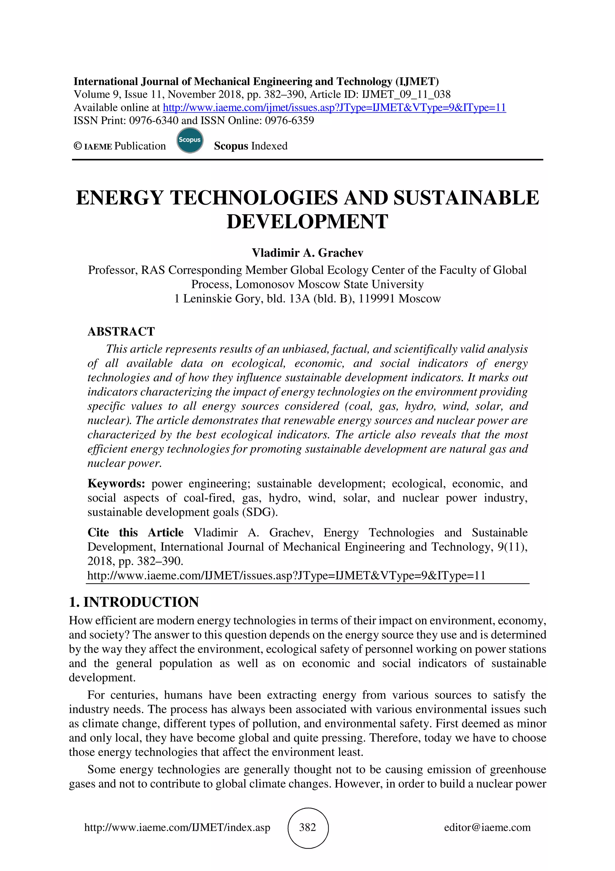 ENERGY TECHNOLOGIES AND SUSTAINABLE DEVELOPMENT | PDF