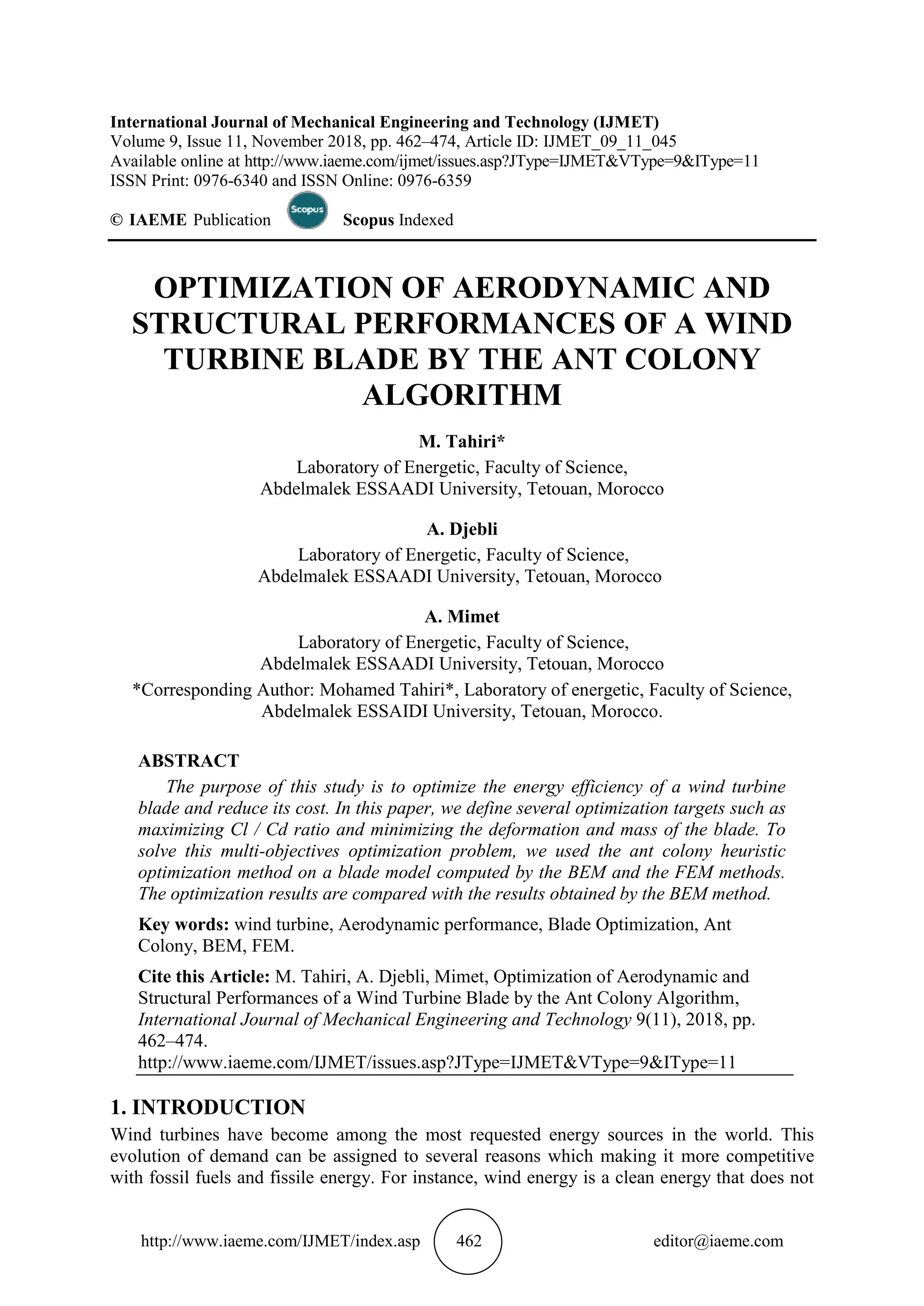 OPTIMIZATION OF AERODYNAMIC AND STRUCTURAL PERFORMANCES OF A WIND TURBINE BLADE BY THE ANT ...