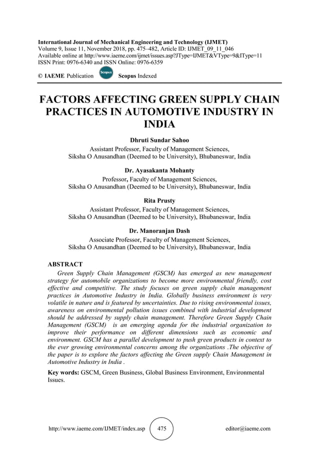 FACTORS AFFECTING GREEN SUPPLY CHAIN PRACTICES IN AUTOMOTIVE INDUSTRY IN INDIA | PDF ...