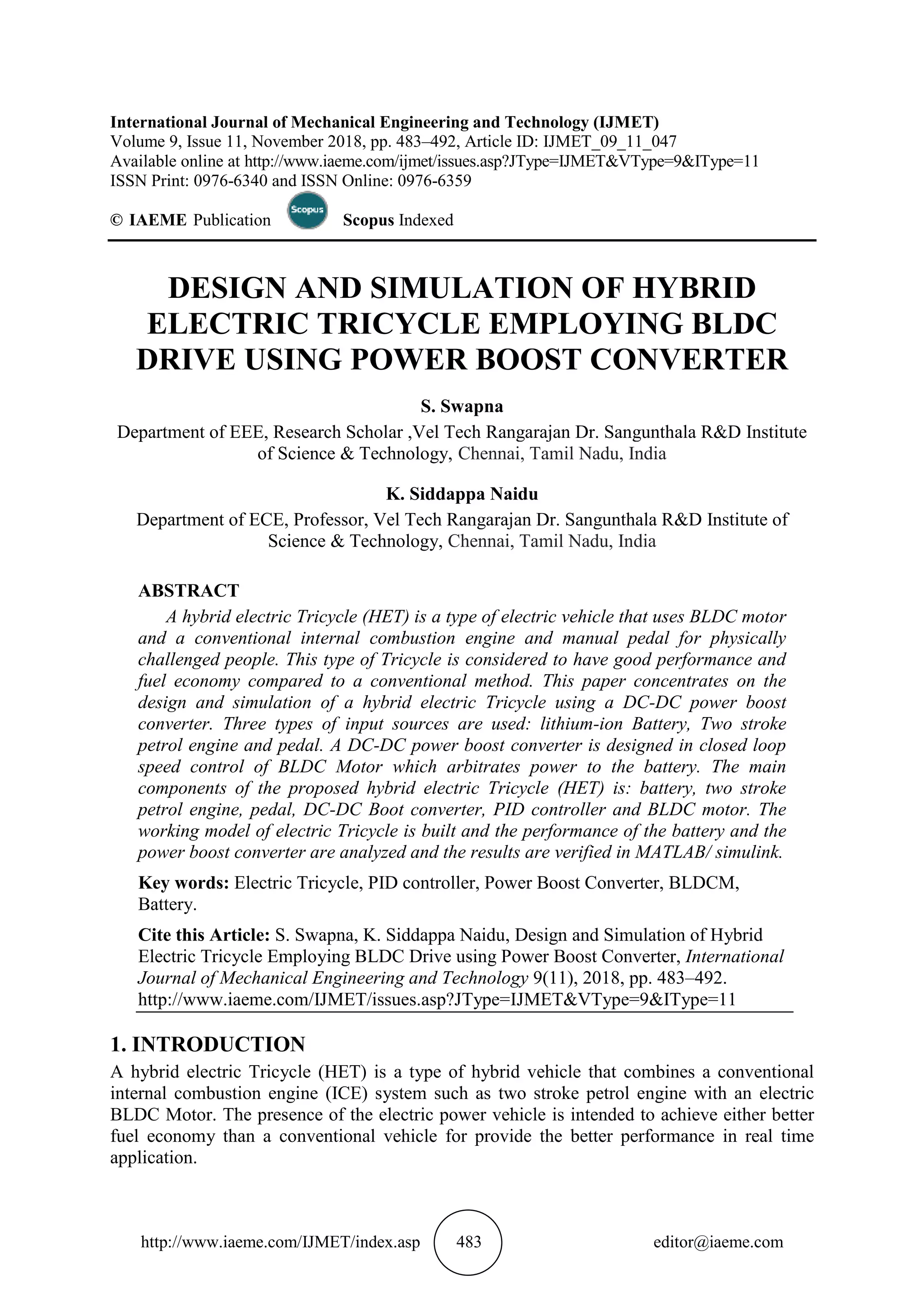 DESIGN AND SIMULATION OF HYBRID ELECTRIC TRICYCLE EMPLOYING BLDC DRIVE USING POWER BOOST ...