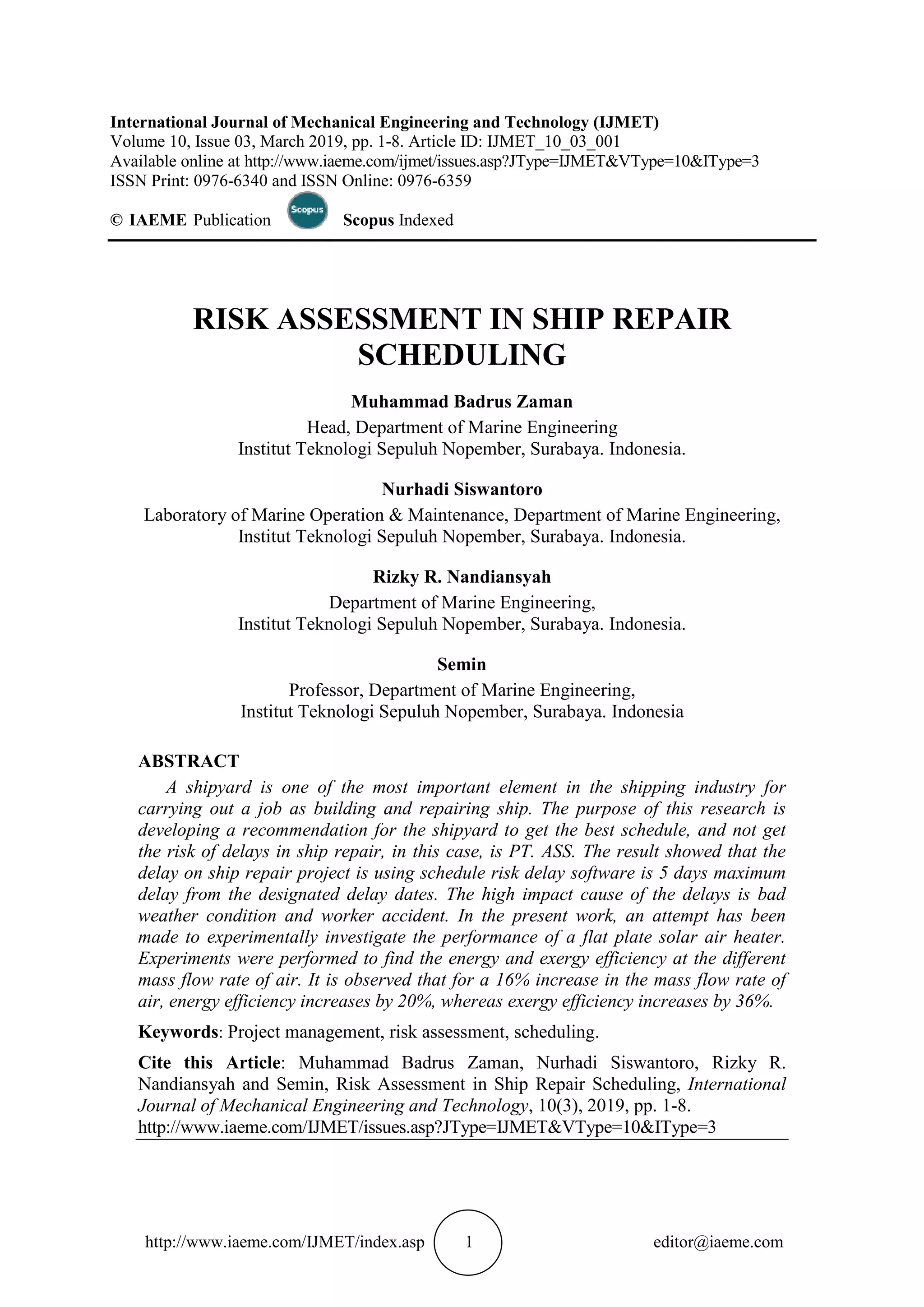 RISK ASSESSMENT IN SHIP REPAIR SCHEDULING | PDF